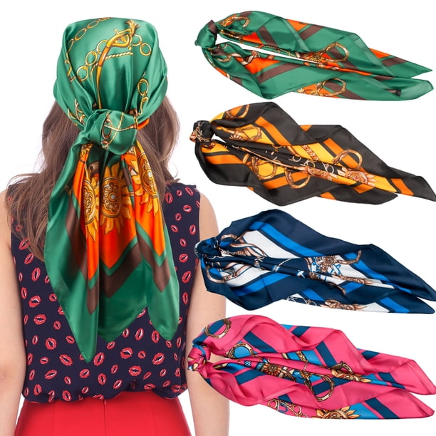 4 Pack 35" Large Silk Scarf Satin Square Head Scarves Silk Like Neck ...
