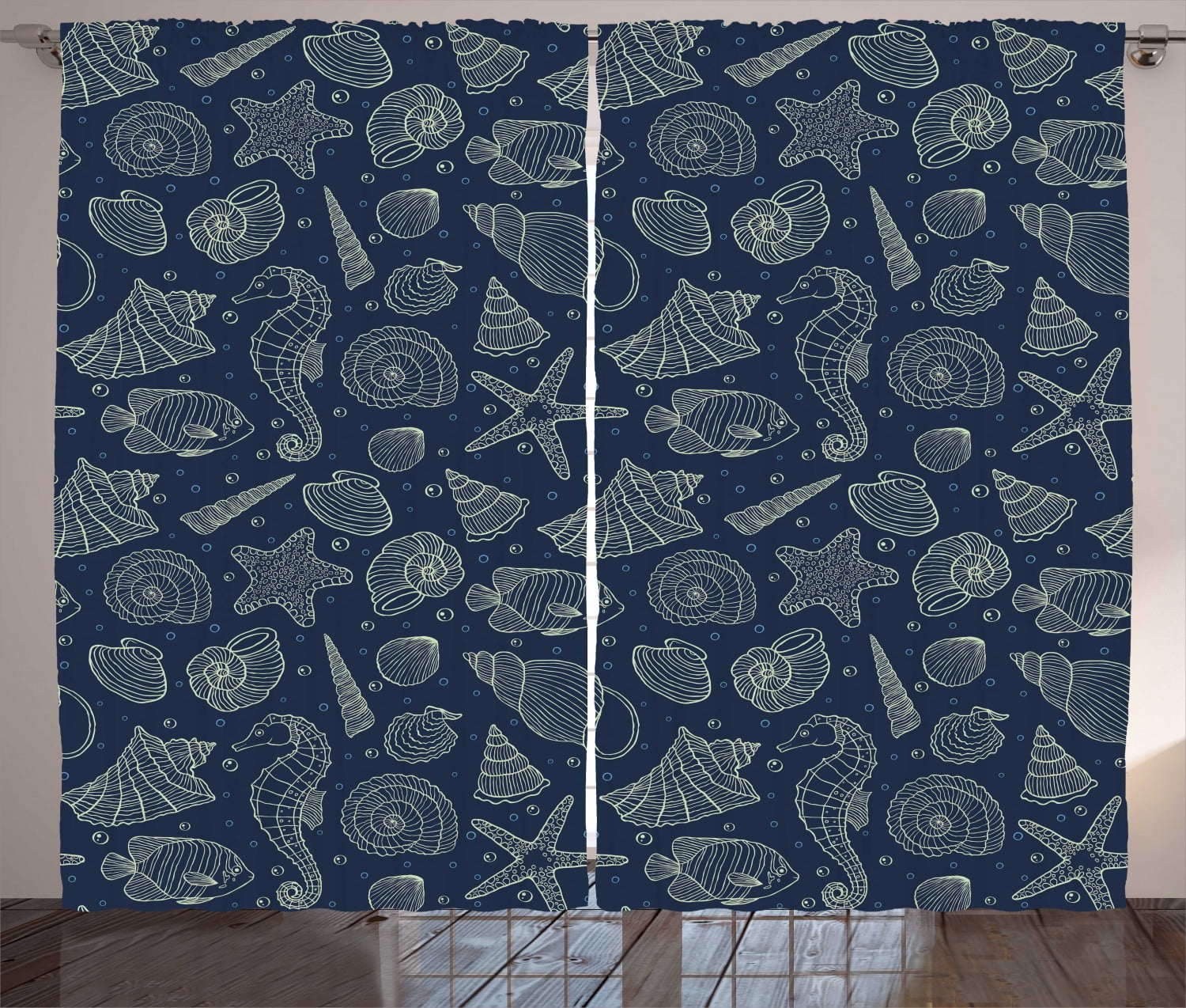 Sea Shells Curtains 2 Panels Set, Monochrome Marine Elements with ...