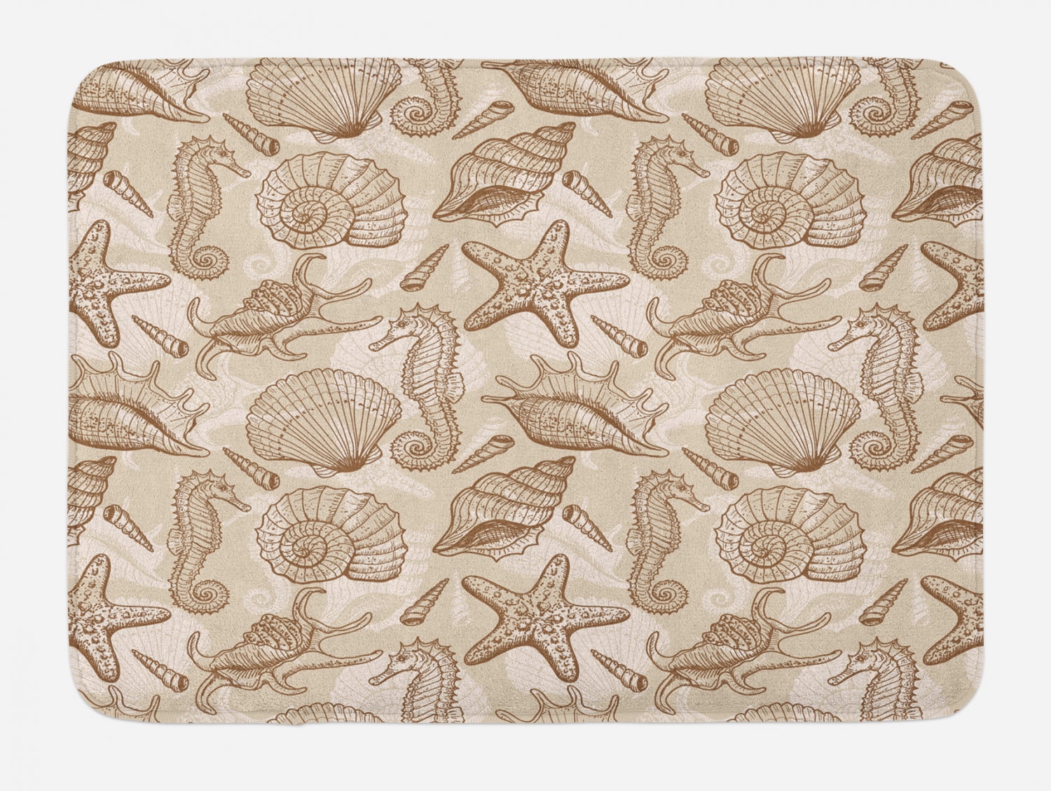 Beige Bath Mat, Exotic Marine Animals in Retro Style Illustration ...
