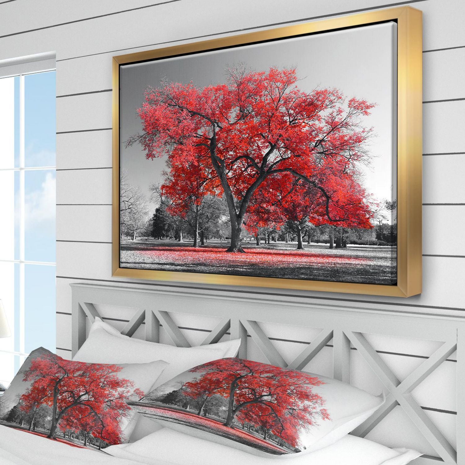 Click here for Designart Big Red Tree On Foggy Day Float Frame Wa... prices