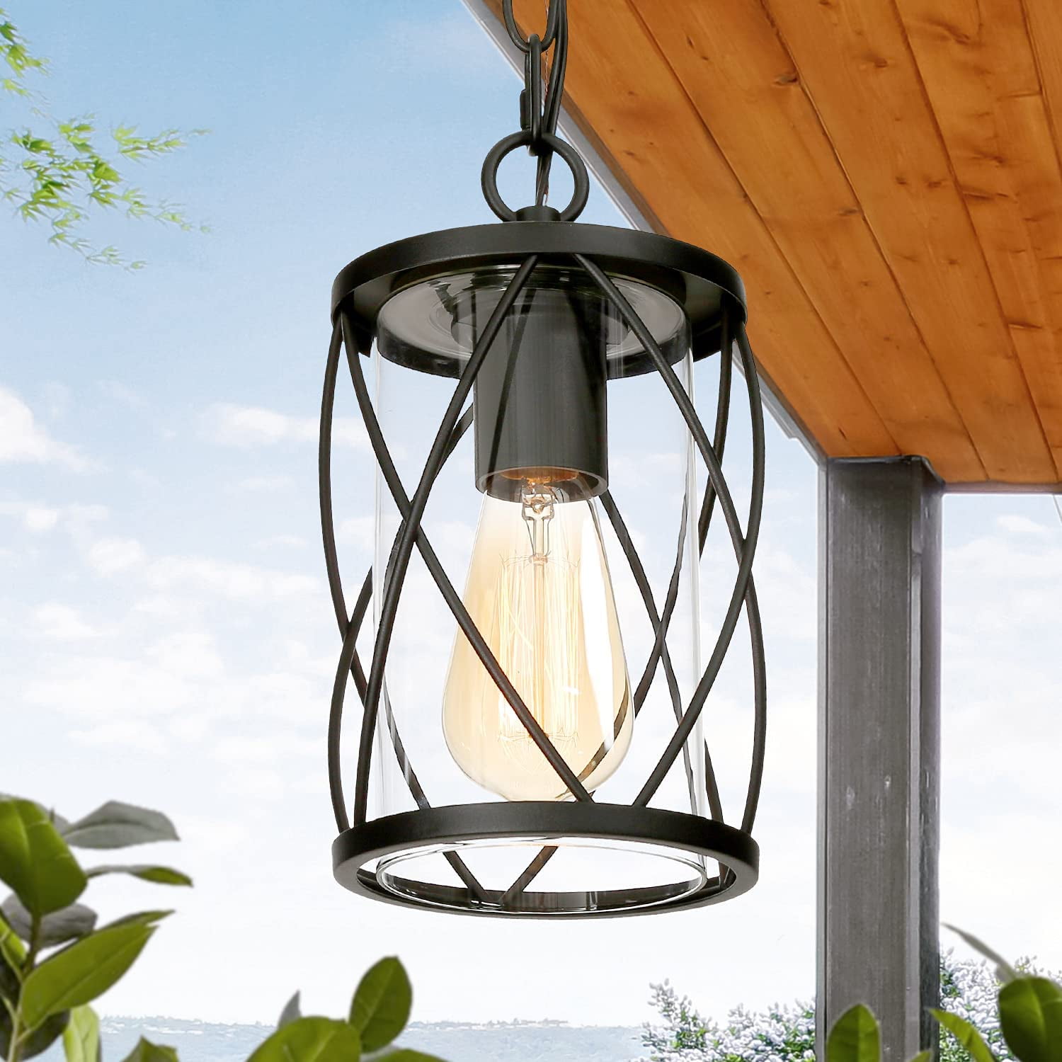LALUZ Outdoor Hanging Light Fixture, Matte Black Exterior Pendant Light ...