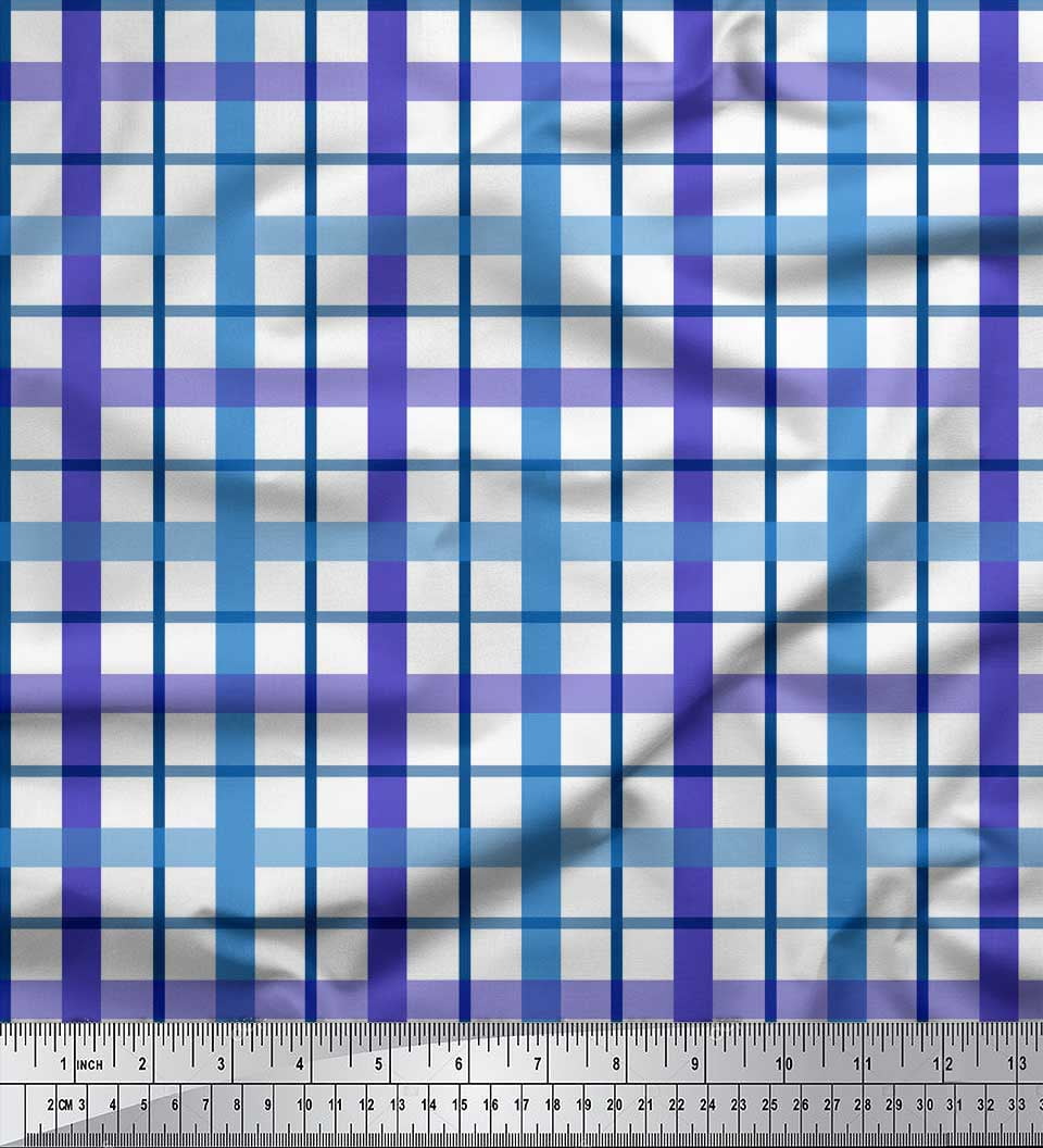 Soimoi Blue Satin Silk Fabric Window Pane Check Print Fabric by the ...