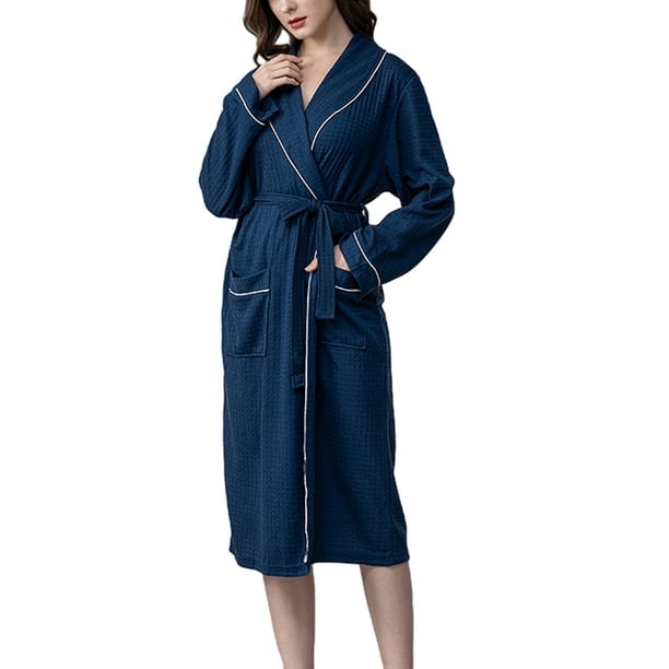 FOCUSNORM Women Dressing Gown Waffle Robe Patchwork Shawl Collar ...