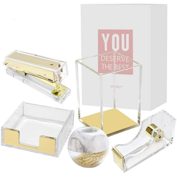 Clear Gold Office Supplies Desk Organizer Set Tape Dispenser Stapler ...
