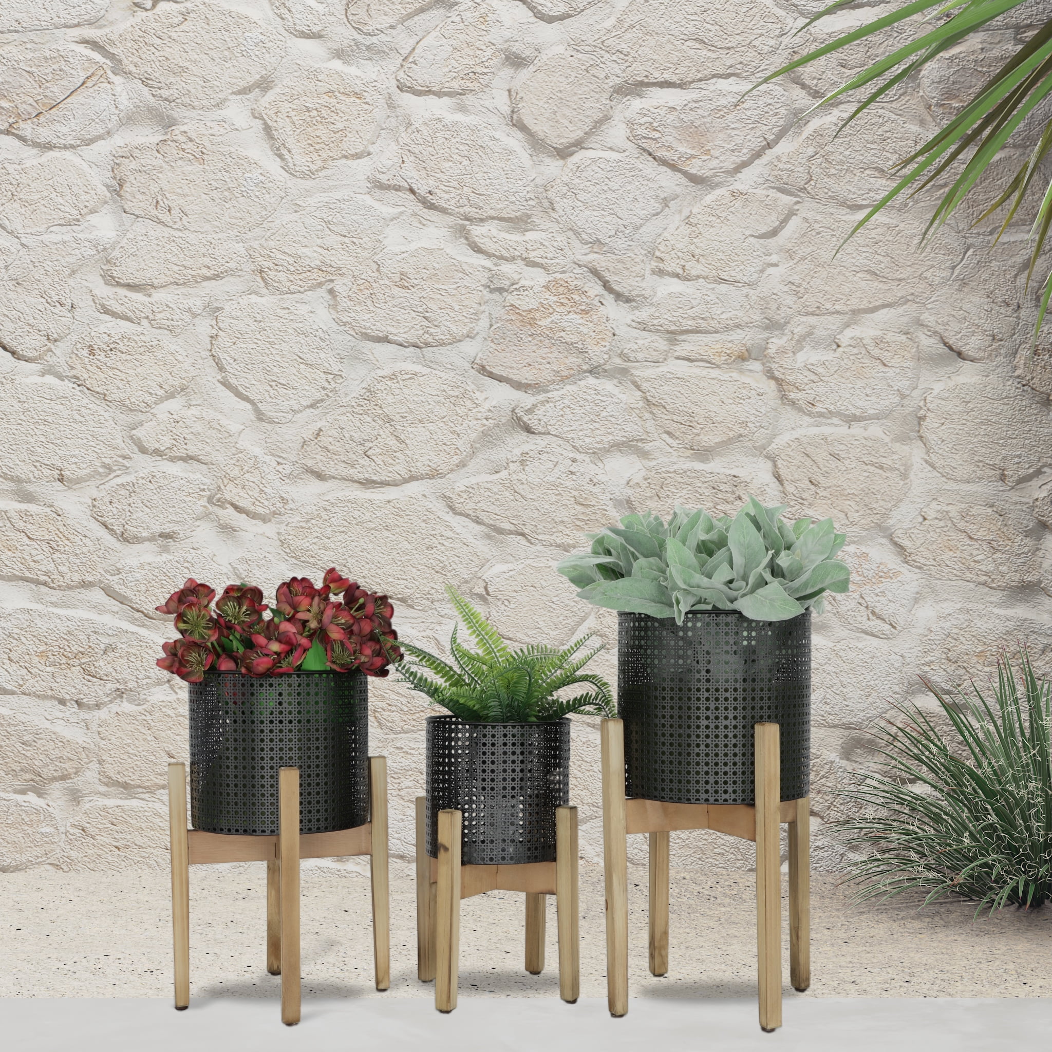 CoSoTower S/3 Metal Mesh Planter on Stand 8/9/11", Black - Walmart.com