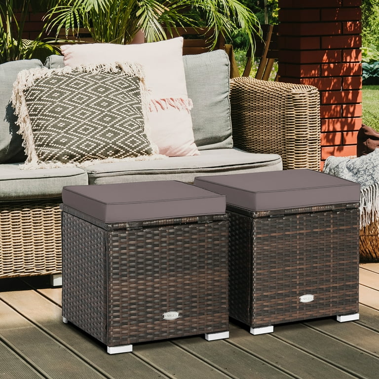 Gymax 2PCS Outdoor Patio Ottomans Hand Woven PE Wicker Footstools w Removable Cushions Grey
