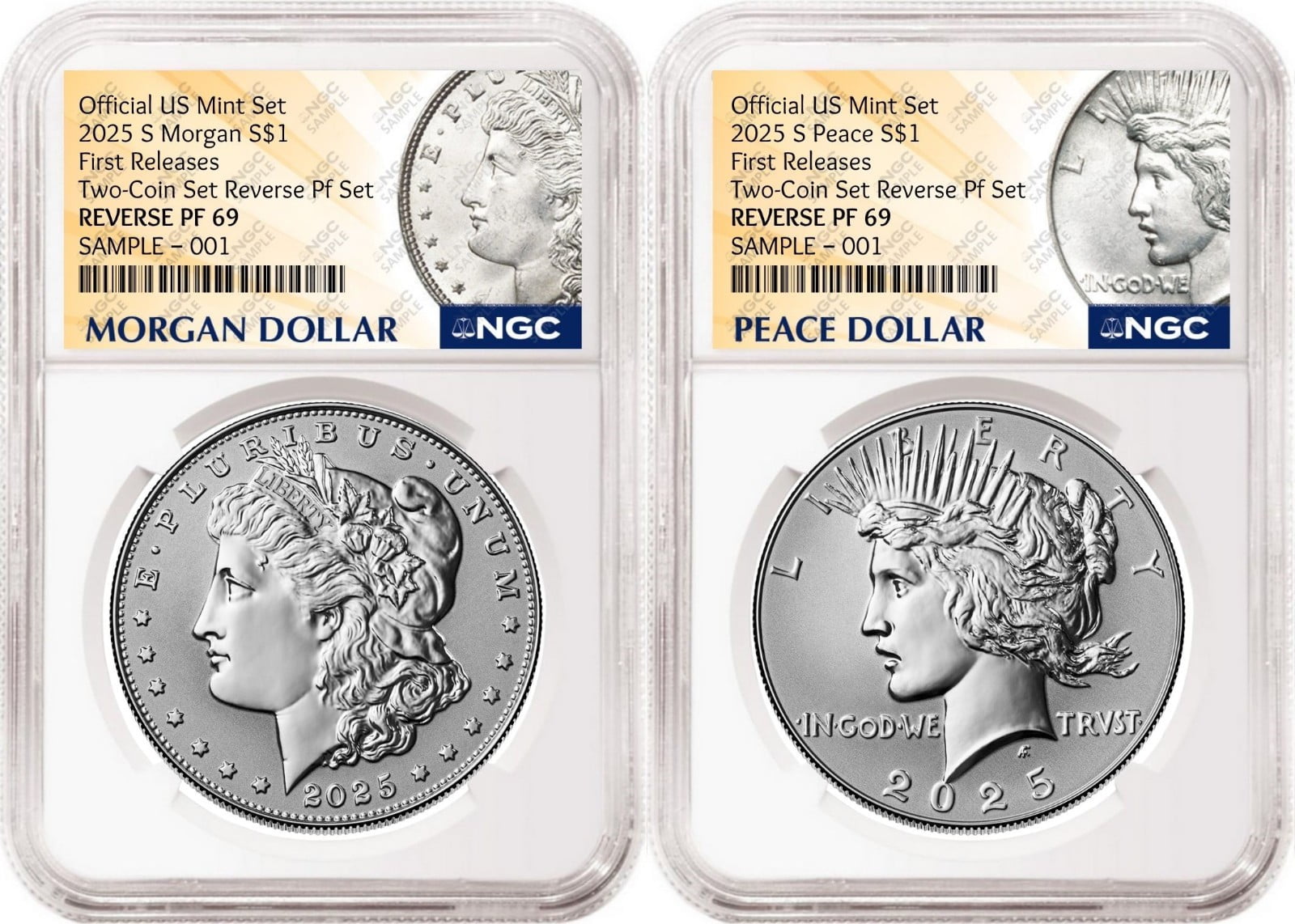2 Coin 2025 Morgan and Peace Reverse Proof Dollar Set NGC RP69 FR MP ...