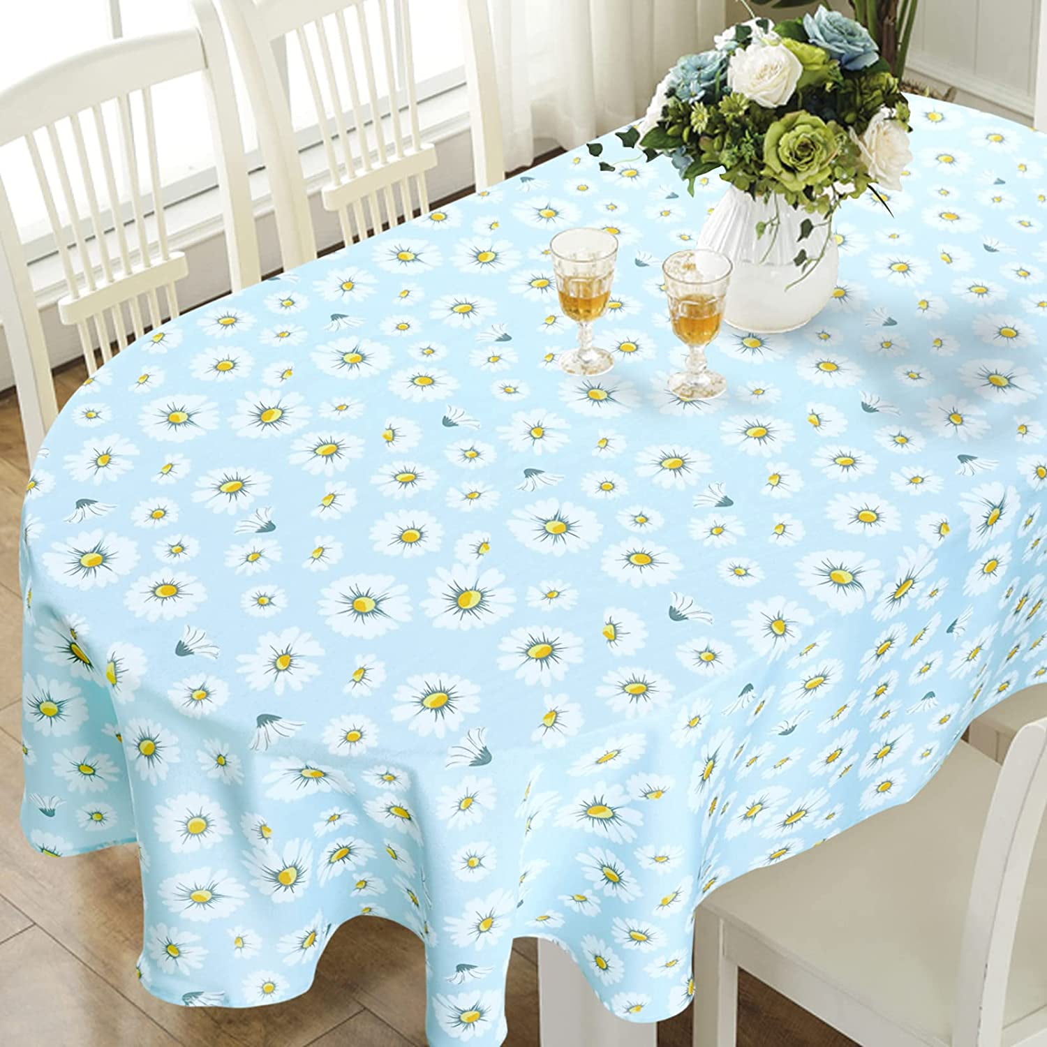 Light Blue Oval Tablecloth 60x84in for Oval Table Waterproof Daisies ...