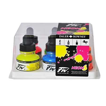 Daler-Rowney FW Acrylic Ink Bottle 6-Color Neon Set - Acrylic Set of ...
