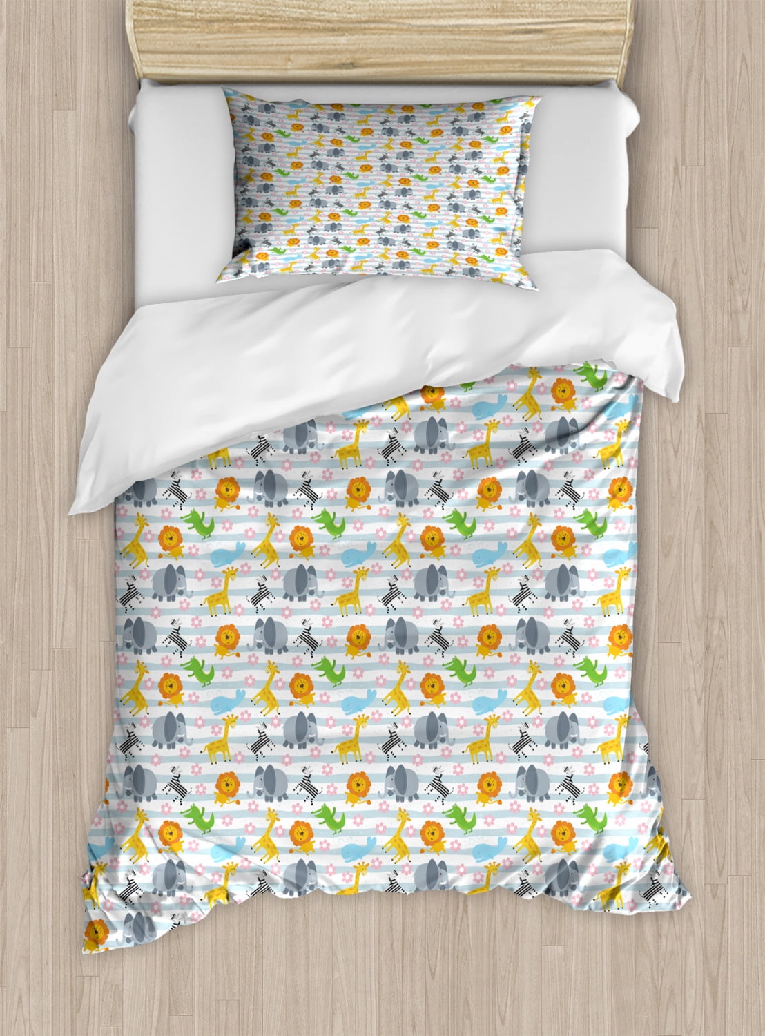 Safari Twin Size Duvet Cover Set, Friendly Zoo Animals with Happy Faces ...