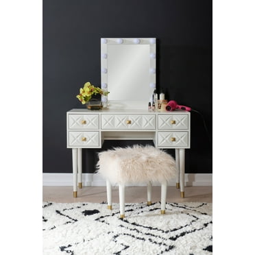 Poundex Wood Vanity Set with Stool and Mirror in Antique White ...