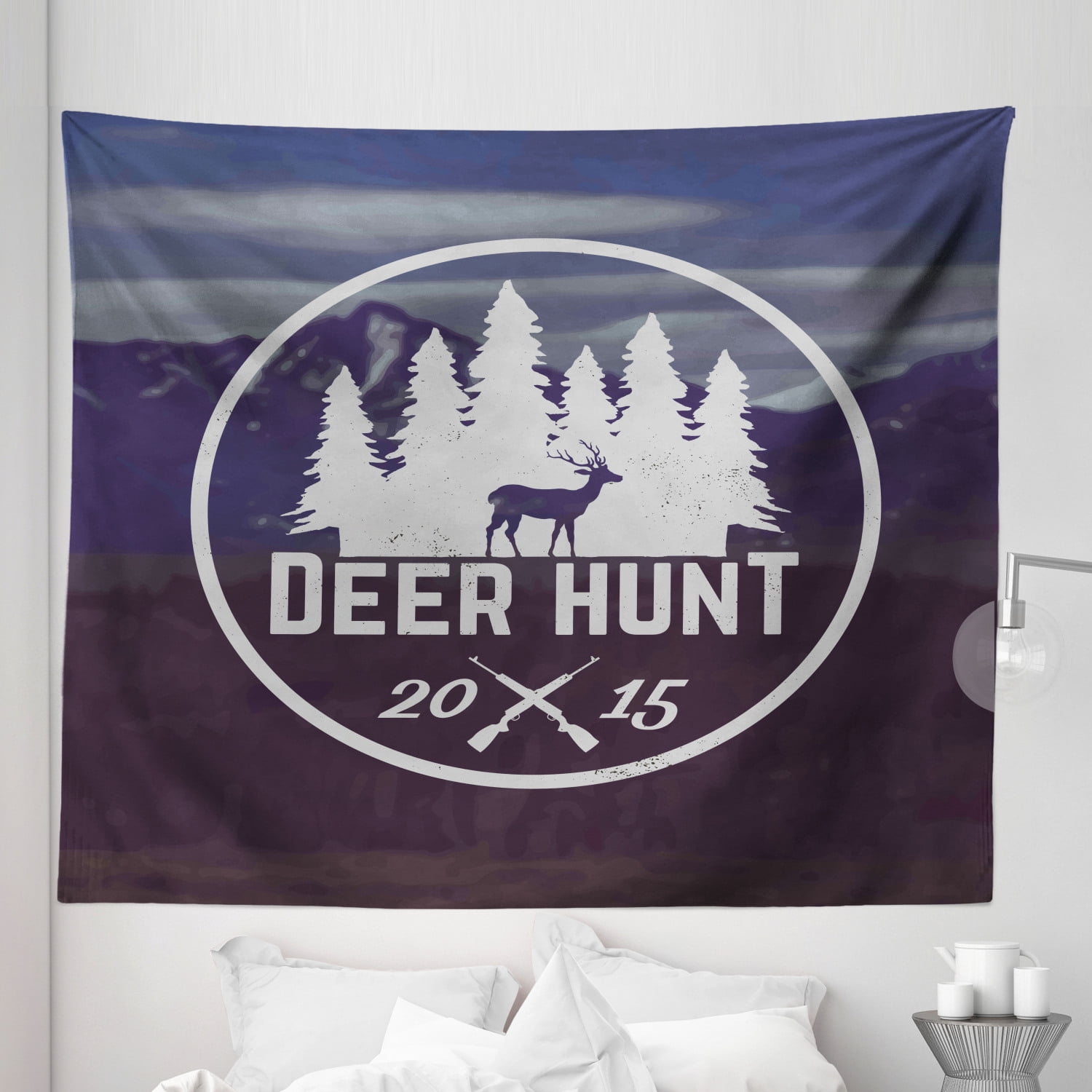 Hunting Tapestry, Deer Hunt Emblem Design Pines with Antler Silhouette ...