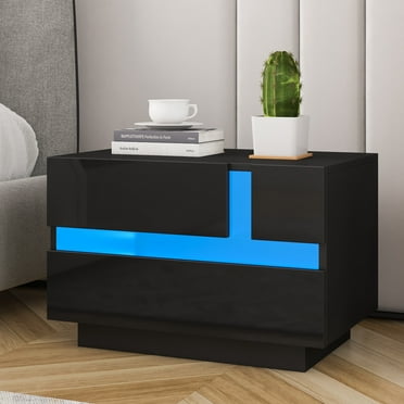 Hommpa LED Nightstand Modern Bedside Table with 2 Drawers Black Wood ...