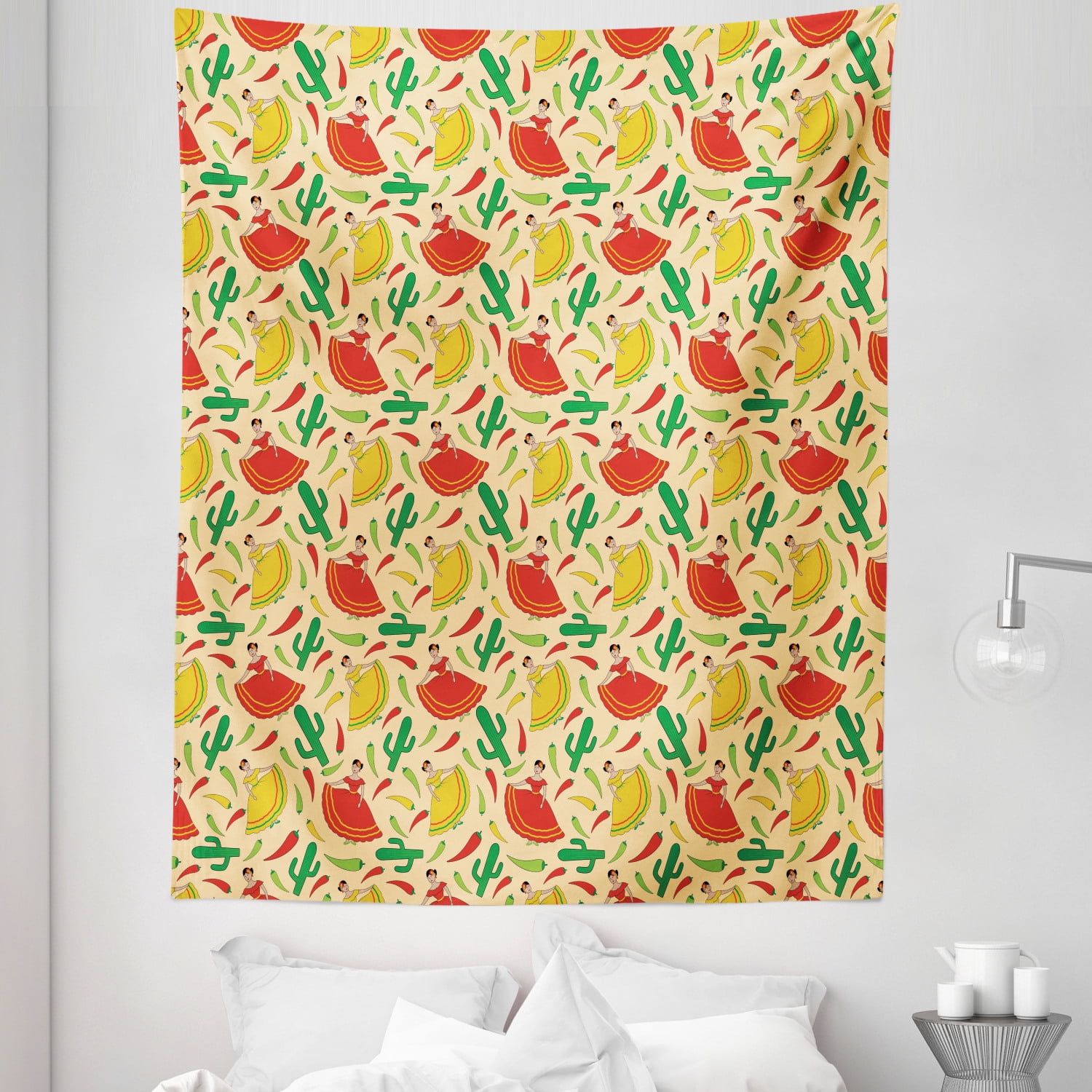 Spanish Tapestry, Dancing Mexican Women Cactus and Chili Peppers ...