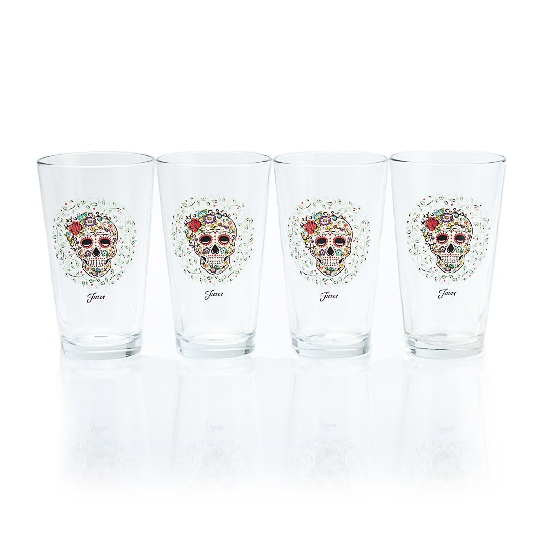 Fiesta® 16oz Cooler Glassware (Set of 4) | Sugar Skull and Vine (White ...