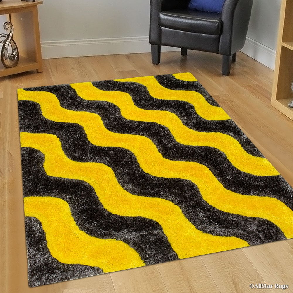 Allstar Yellow Shaggy Area Rug with 3D Grey Wavy Design. Contemporary ...