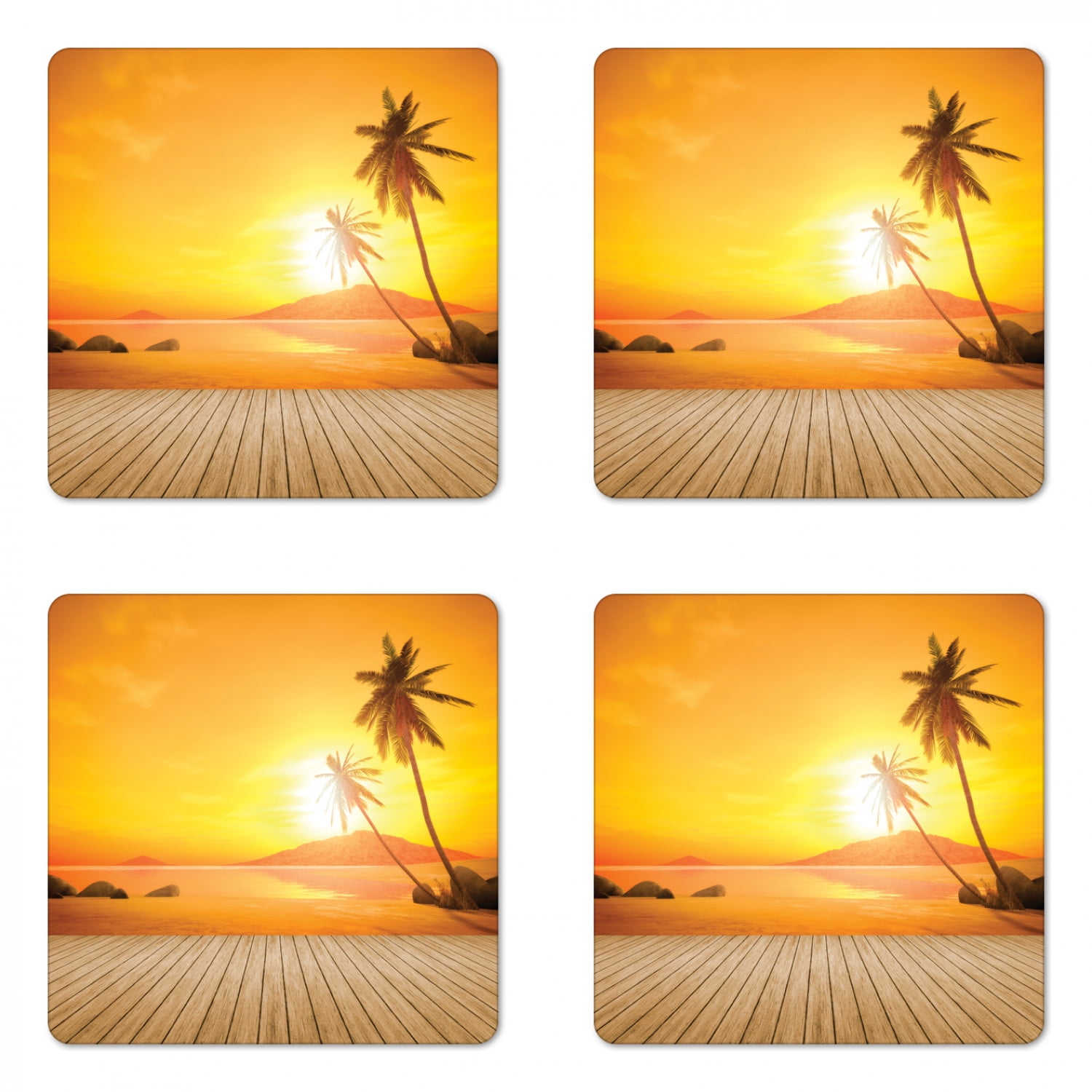 Ocean Coaster Set of 4, Sunset over the Ocean with Palm Tree and Wooden ...
