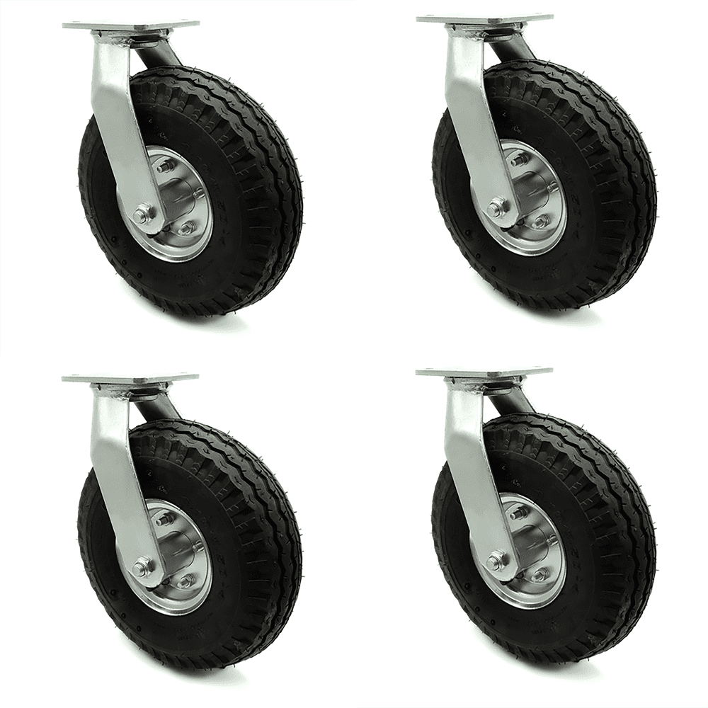10" Pneumatic Swivel Caster Set of 4 - Black Rubber Wheel - 1,400 lbs ...