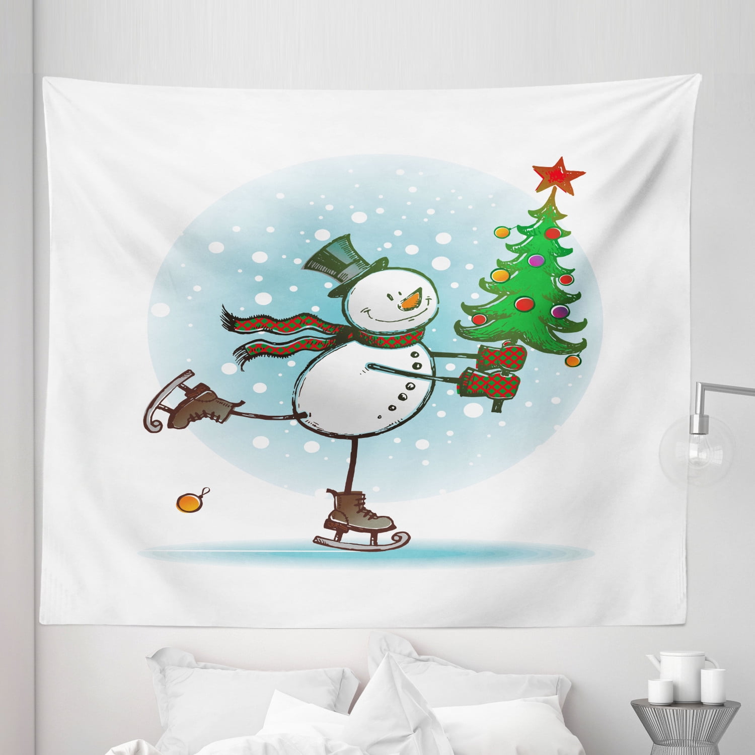 Snowman Tapestry, Hand Drawn Style Skating Christmas Tree and Hat Cold ...