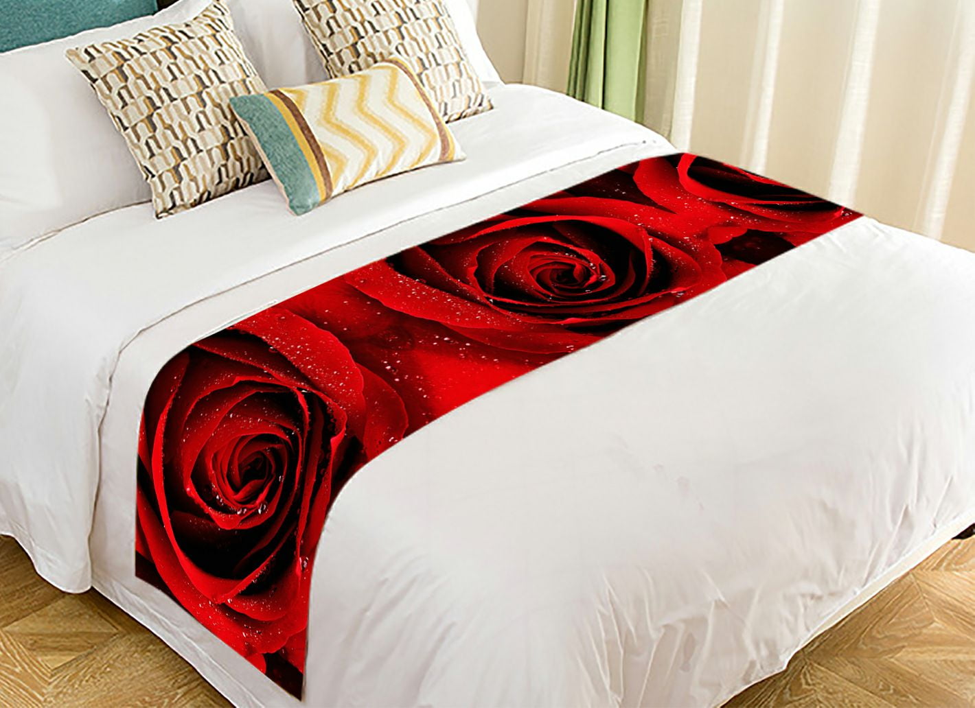 ZKGK Red Rose With Raindrop Flower Floral Pattern Bed Runner Bedding ...