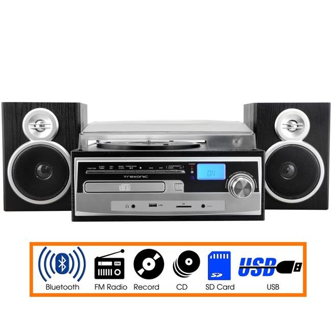 3-Speed Turntable with CD Player, FM Radio, Bluetooth & Wired Shelf ...