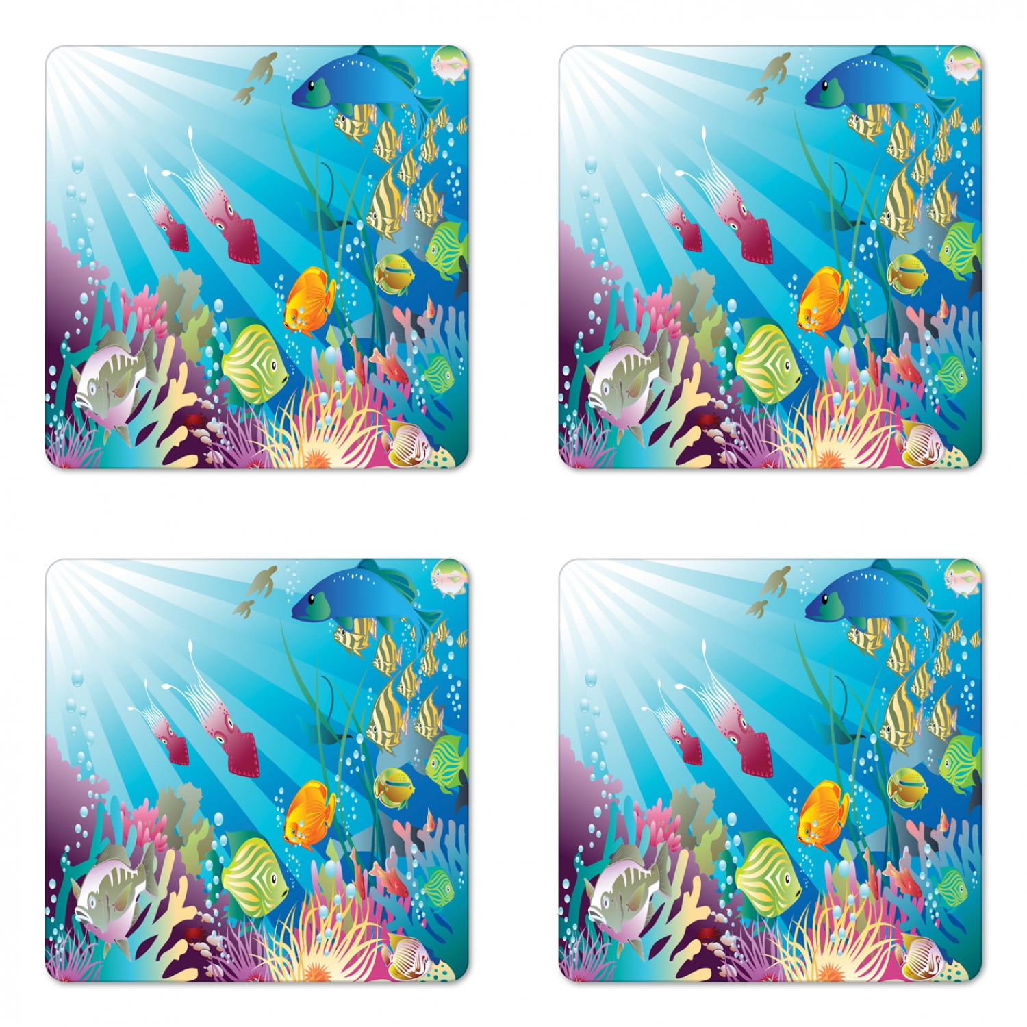 Underwater Coaster Set of 4, Print of Colorful Marine Themed Lifestyle ...