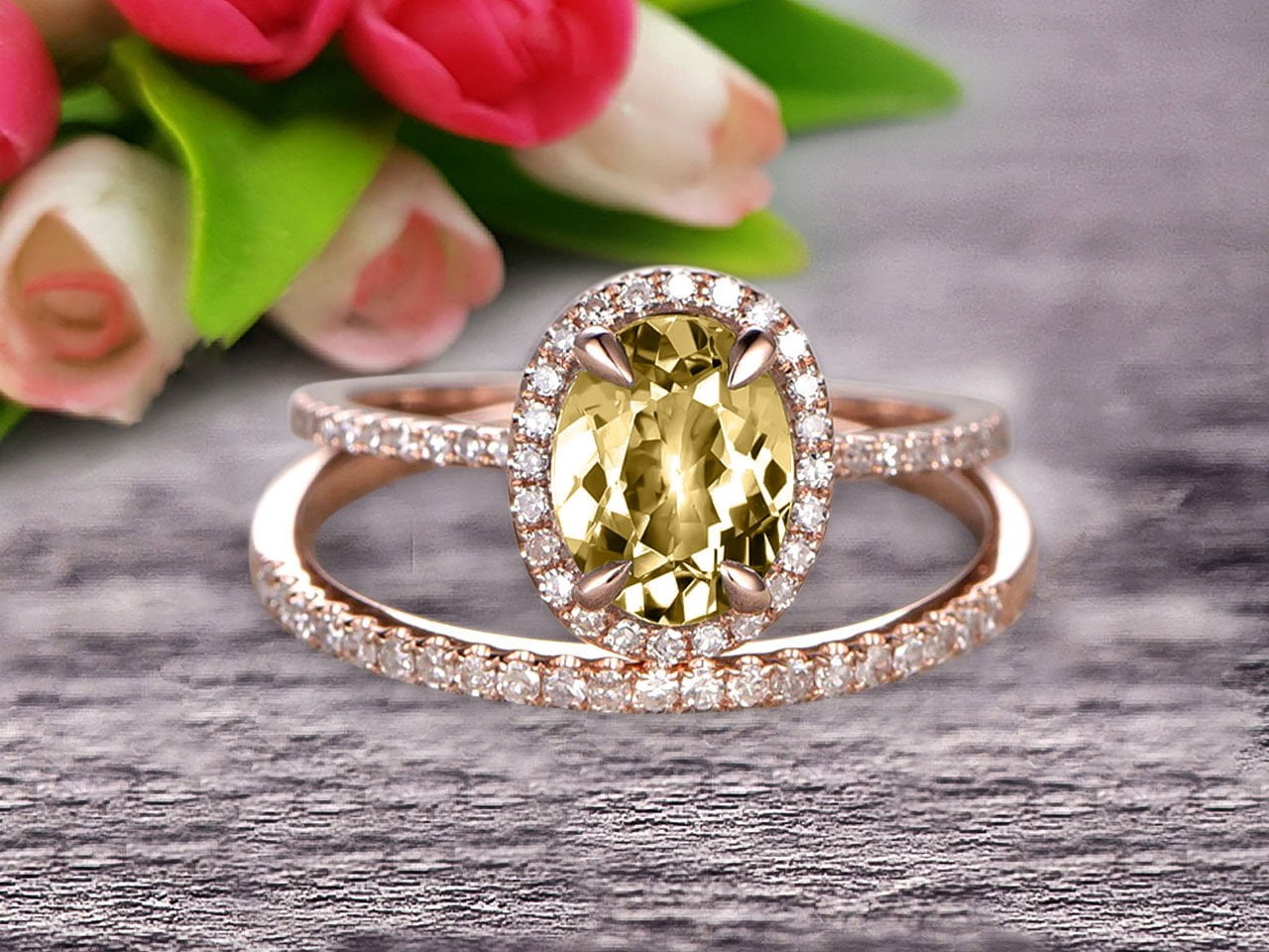 8x6mm Oval Cut 2.50 Carat Champagne Diamond Moissanite Bridal Ring Set Engagement Ring On 10k ...