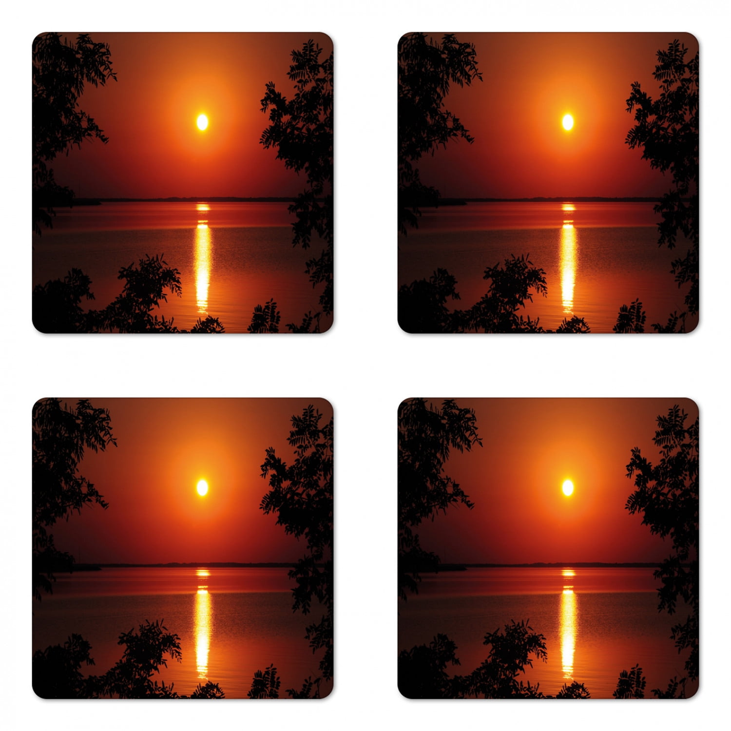 Nature Coaster Set of 4, Sunset Horizon Skyline Reflection on the Sea ...