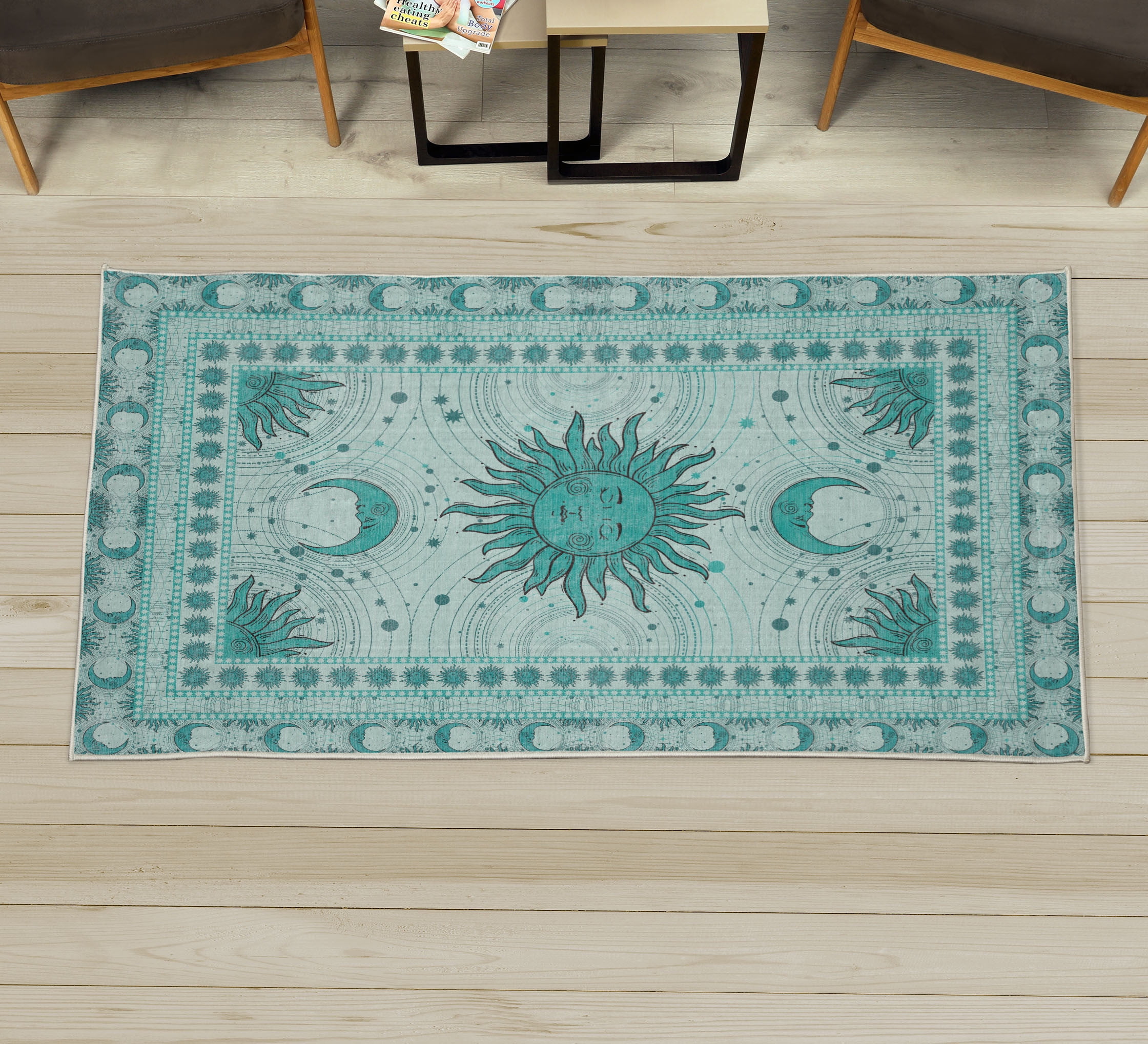 Sun and Moon Decorative Rug, Bohemian Occult Design of Crescent Solar ...