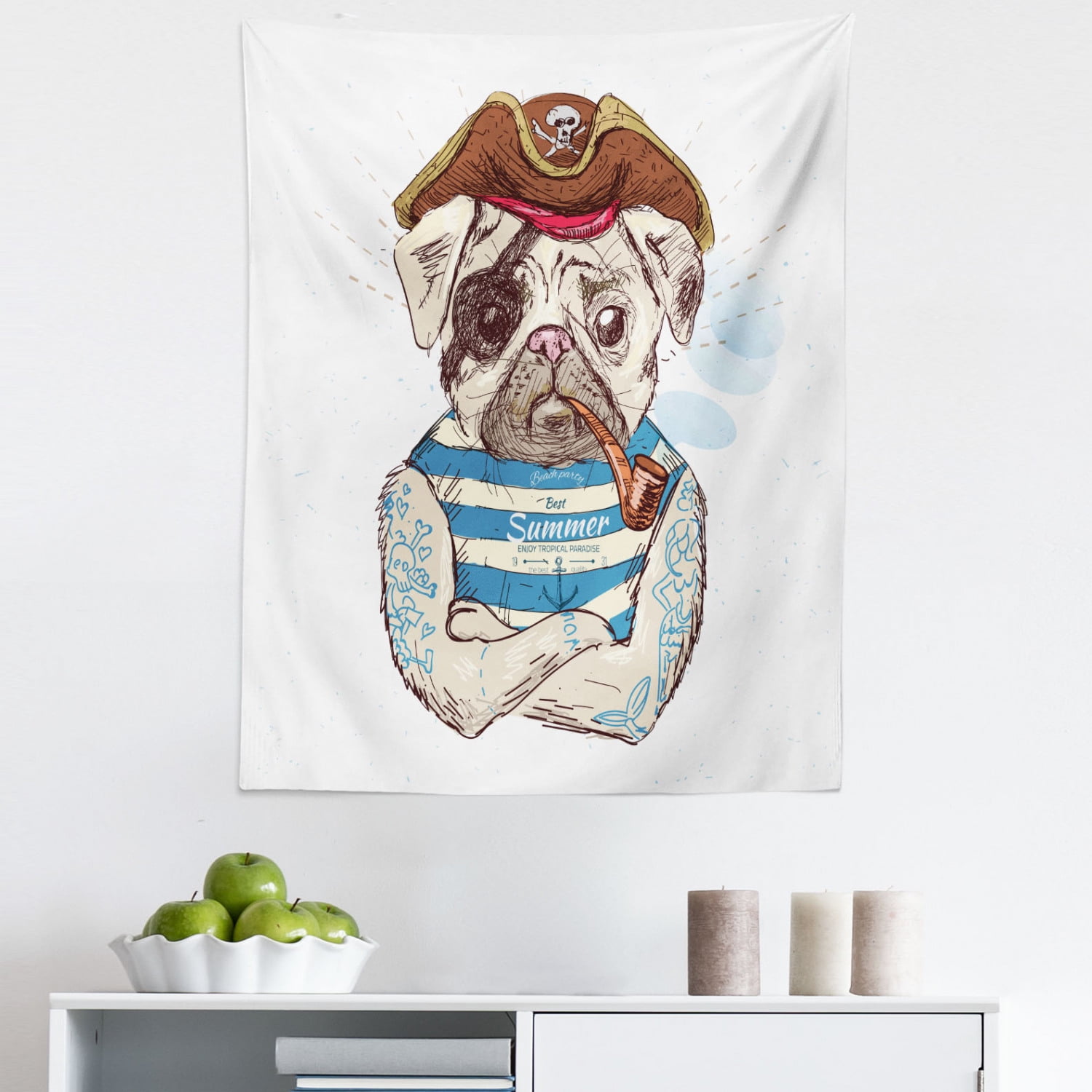 Pug Tapestry, Pirate Pug Conqueror of the Seas Skulls and Bones Hat ...