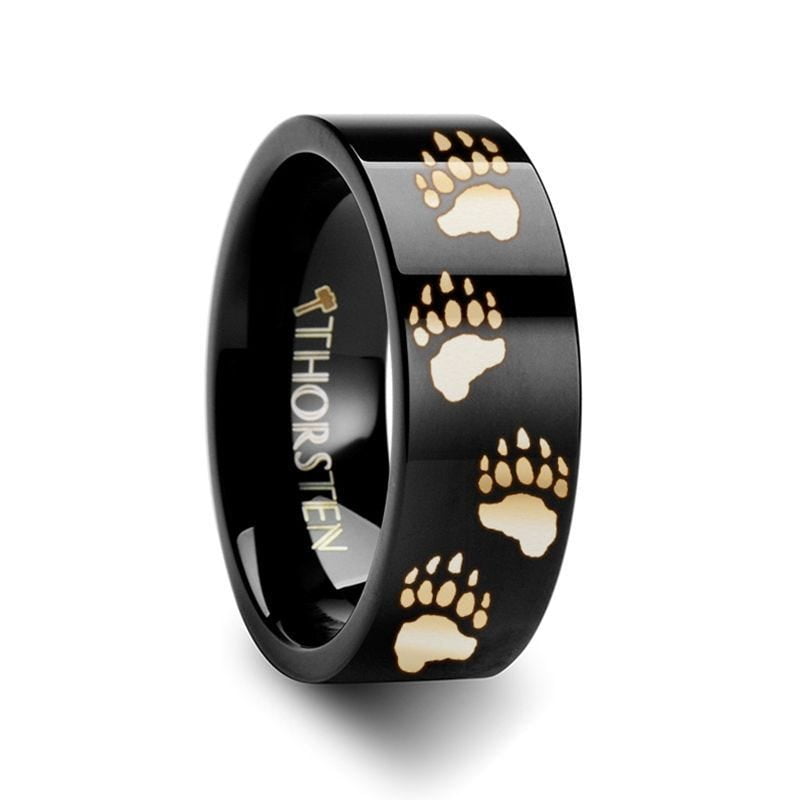 Animal Track Bear Paw Print Engraved Ring Black Tungsten Ring Polished ...
