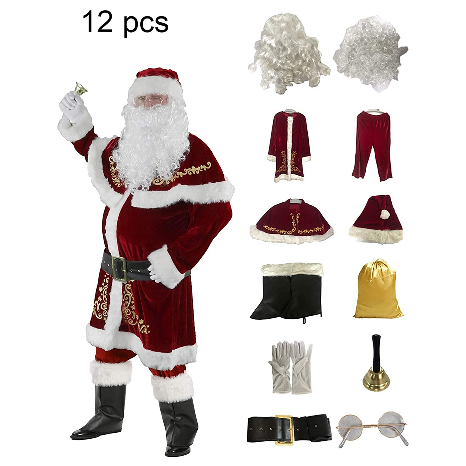 Men’s Santa Costume Set Christmas 12pcs Deluxe Velvet Adult Santa Claus ...