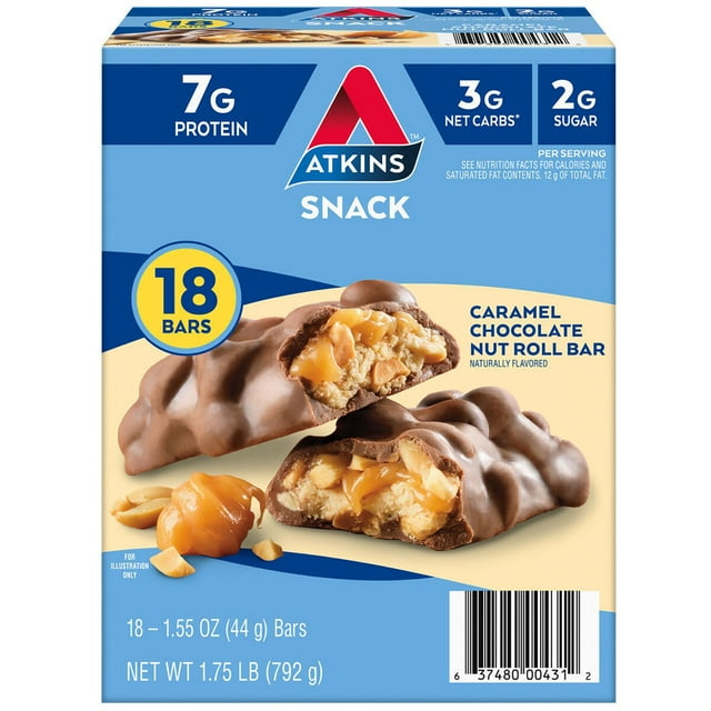 Atkins Anytime Snacks, Snack Bar, Caramel Chocolate Nut Roll, 18 ct ...