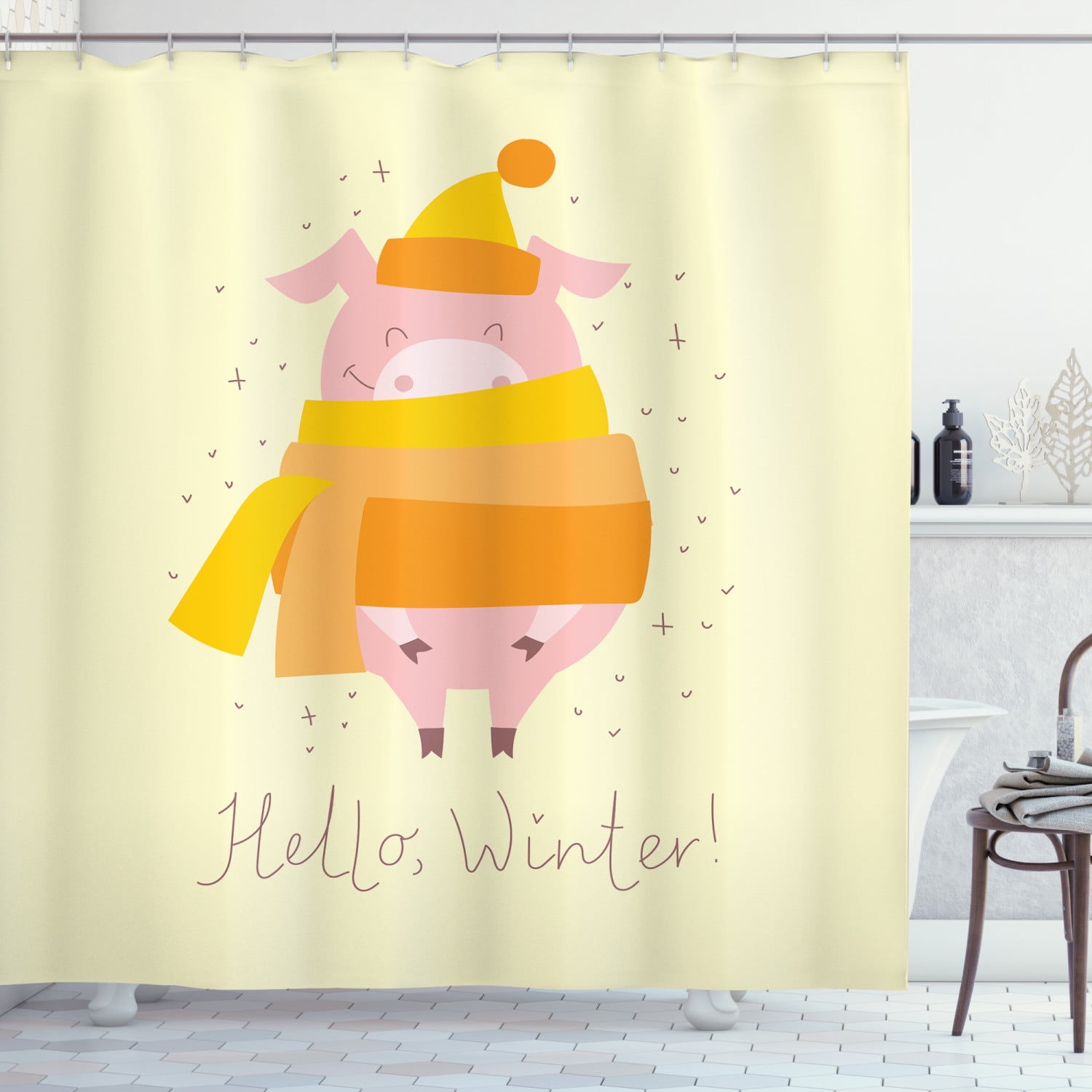 Pig Shower Curtain, Hello Winter Typography with Smiling Cartoon Animal ...