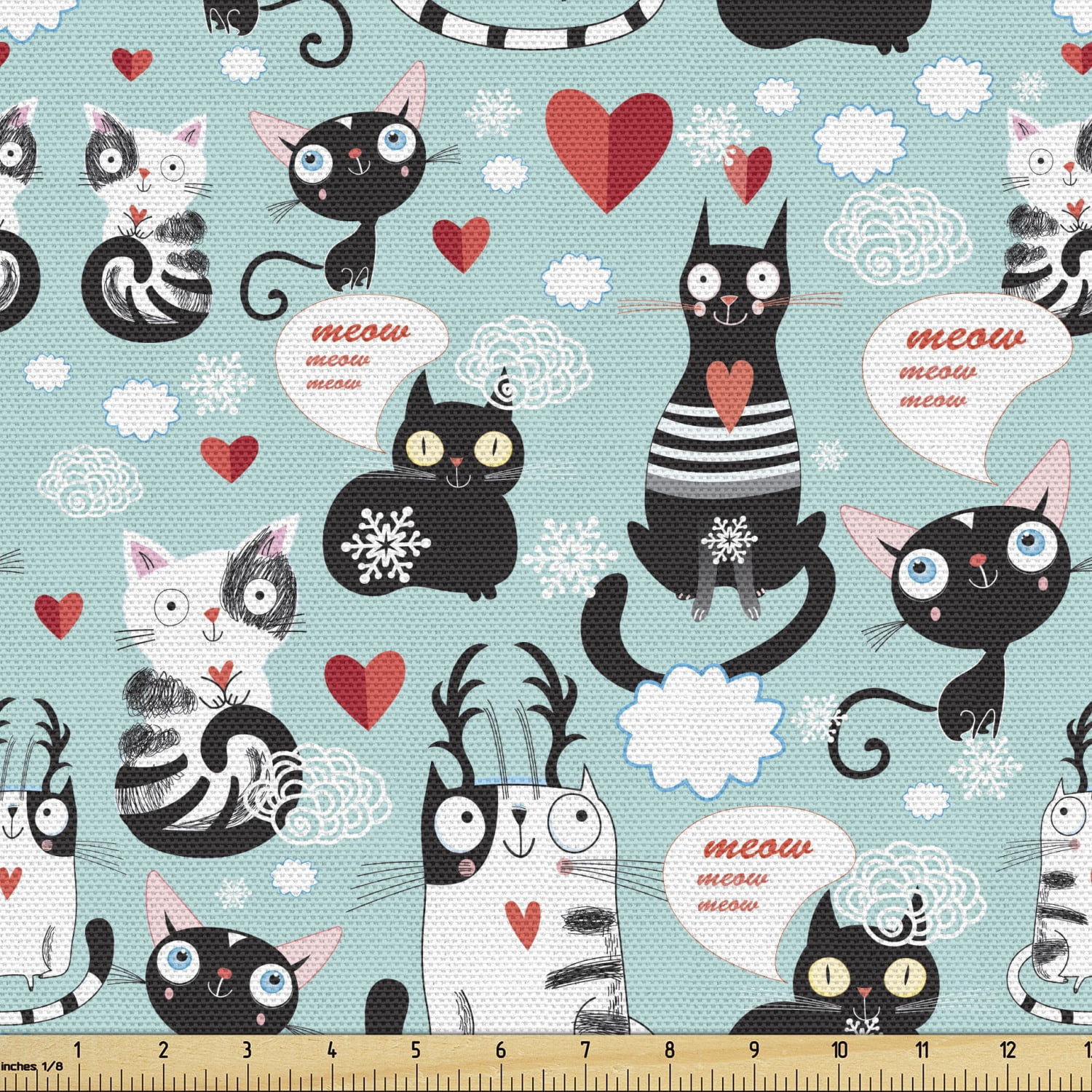 Cat Lover Fabric by the Yard, Black and White Cats in Love Meow Print ...