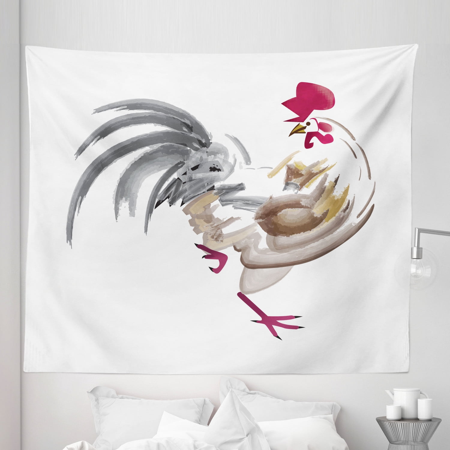 Rooster Tapestry, Watercolor Hand Drawn Style Paintbrush Chicken Animal ...