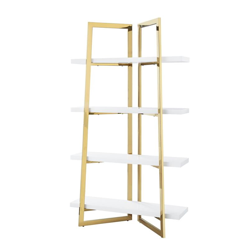 Posh Living Aluna 4-Shelf Stainless Steel Frame Bookcase in White/Gold ...