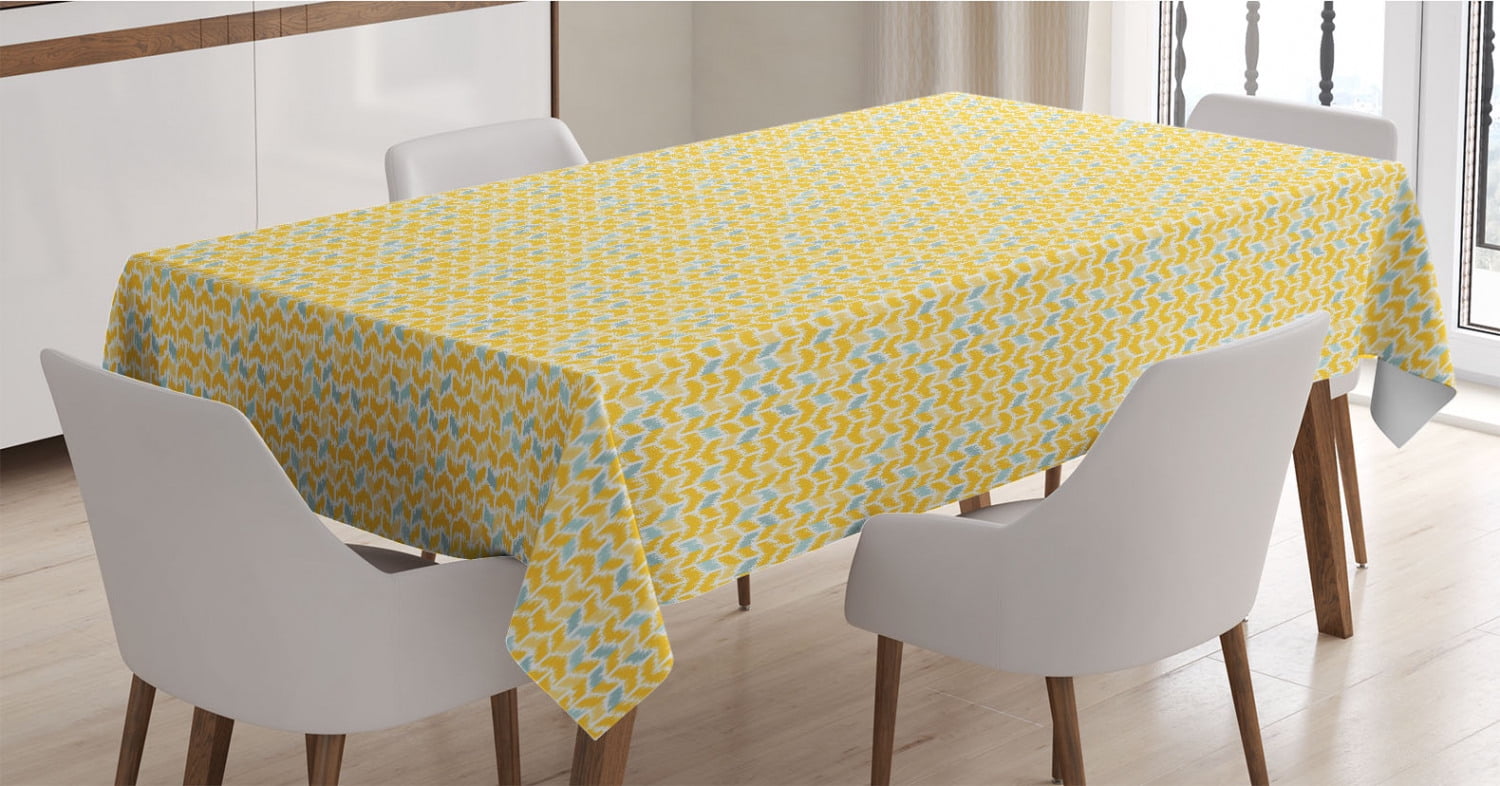 Yellow Chevron Tablecloth, Ikat Style Abstract Sketchy Looking Faded ...