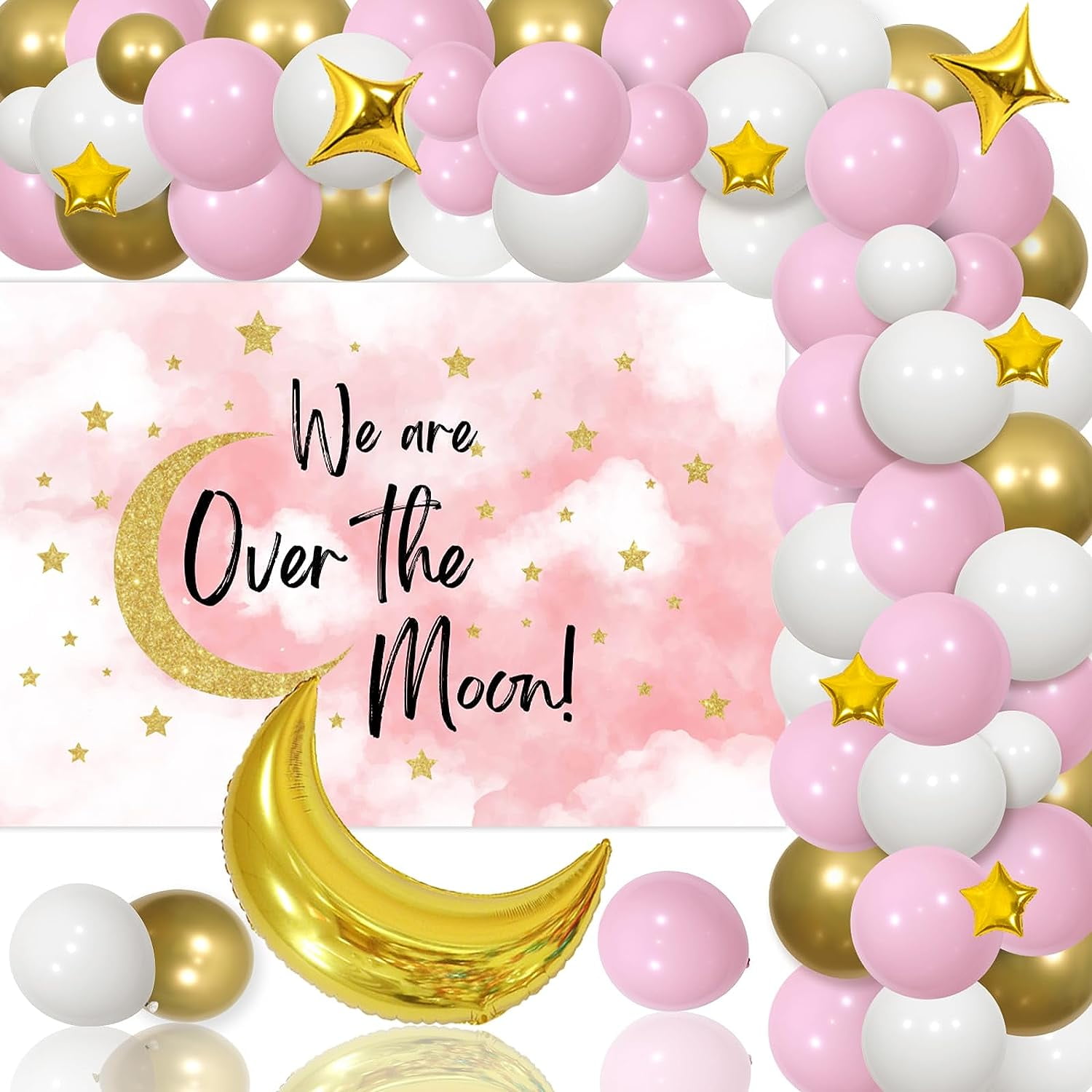 Over The Moon Baby Shower Decorations Girl, Pink White and Gold Balloon ...