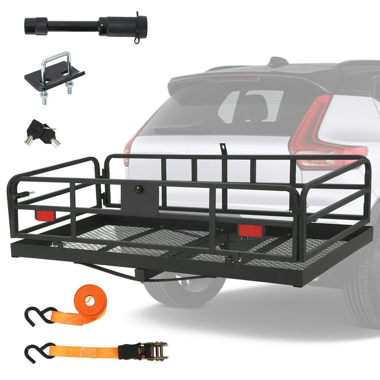 KTENME 2024 New Trailer Hitch Cargo Rack Folding Hitch Mount Cargo Carrier with High Side Rails Fits 2 Receiver for RV Truck SUV Van 500 lbs