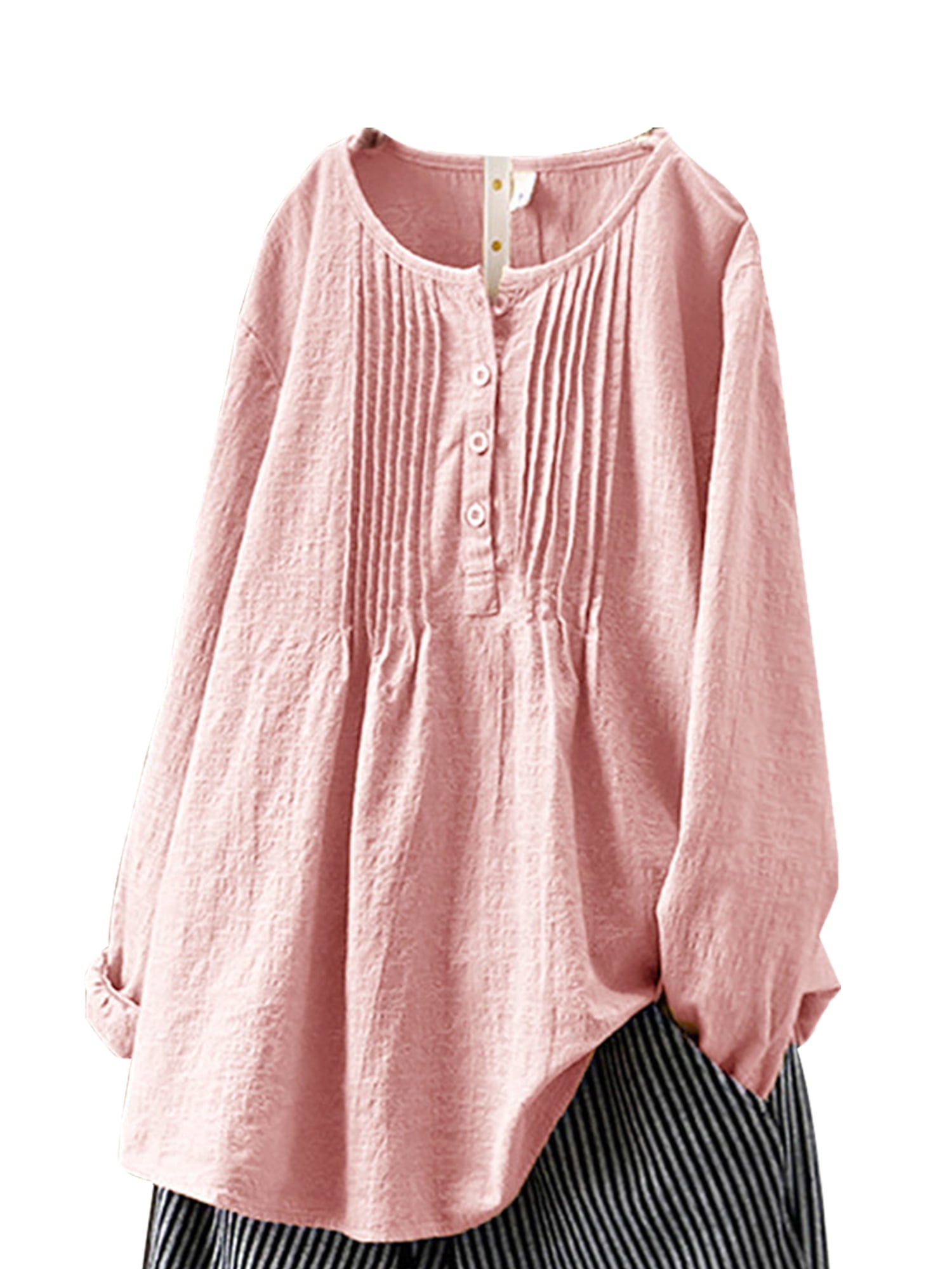 XXLvision Women Solid Color Button Hem Long Sleeve Round Neck Casual ...