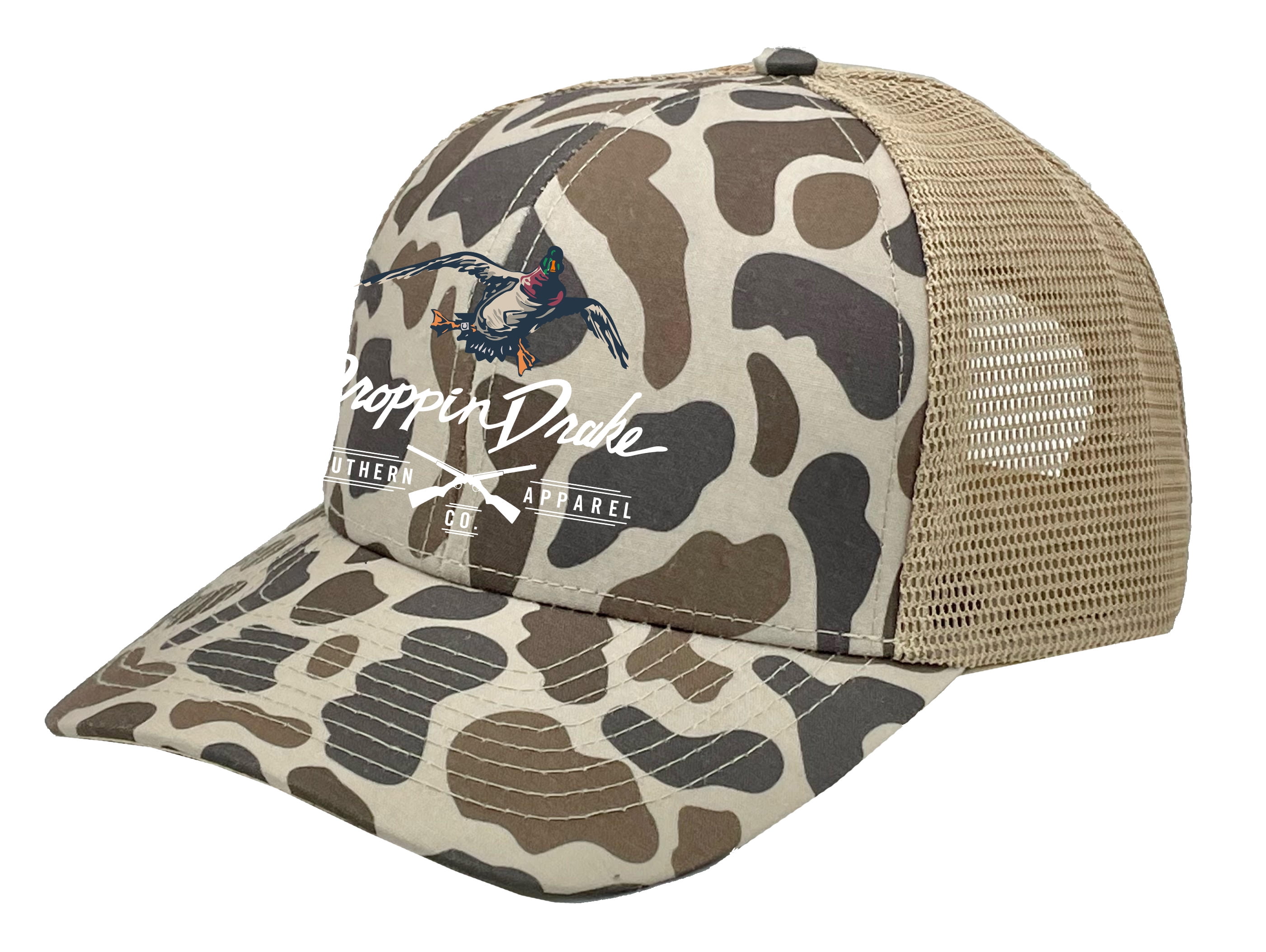 Droppin Drake Mallard Duck and Gun X Logo Mesh Back Trucker Hat - Old's ...