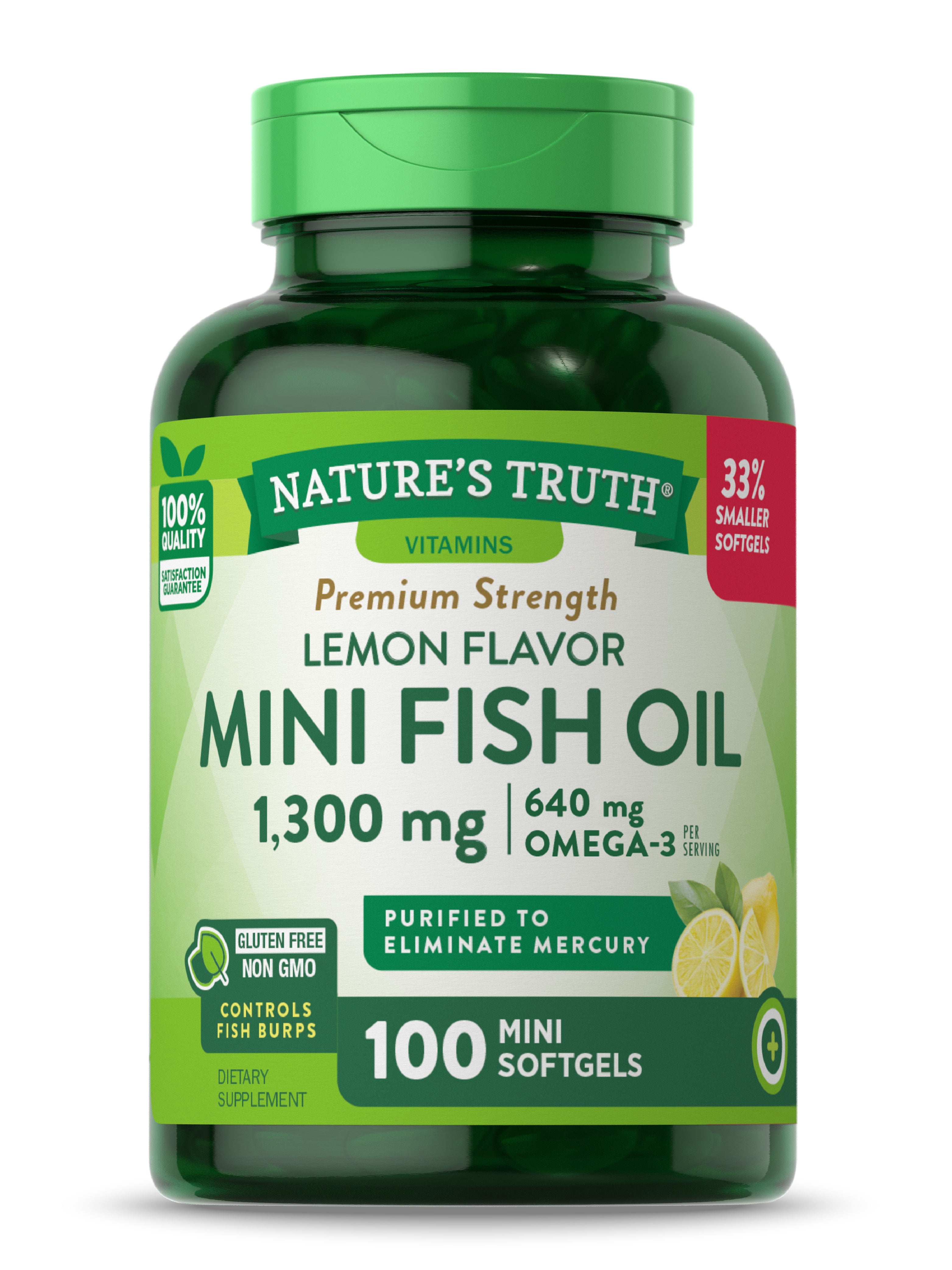 Mini Fish Oil Omega 3 | 1300 mg | 100 Softgels | Burpless Lemon Flavor ...