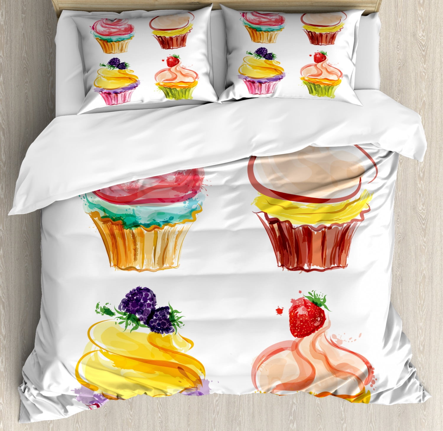 Cupcake Duvet Cover Set Queen Size, Pastel Toned Watercolor Bakery ...