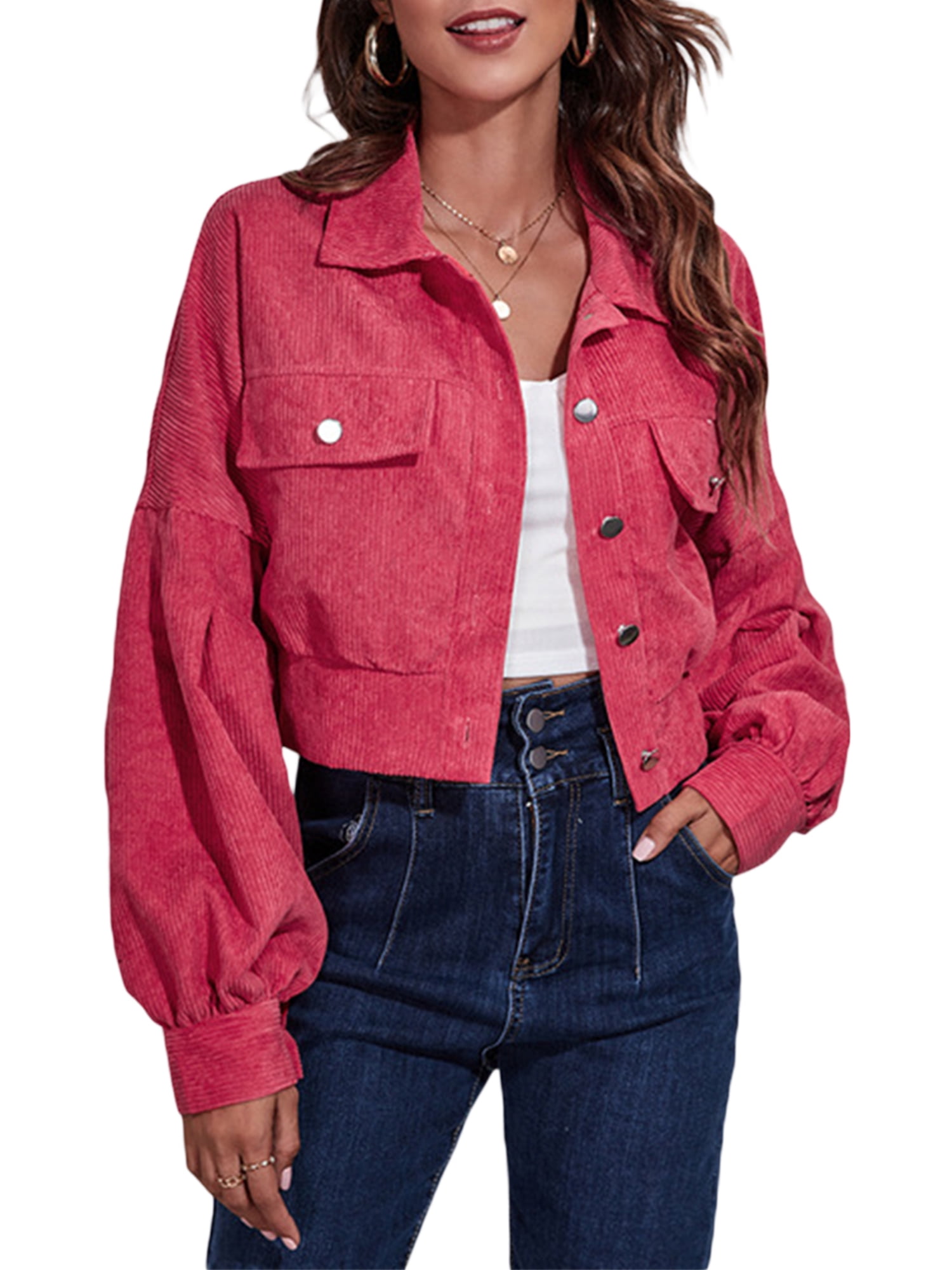 Seyurigaoka Women Juniors Shacket Corduroy Coat Solid Color Long Sleeve ...