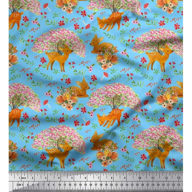 Soimoi Crepe Silk Fabric Tree,Floral & Deer Animal Print Fabric by The ...