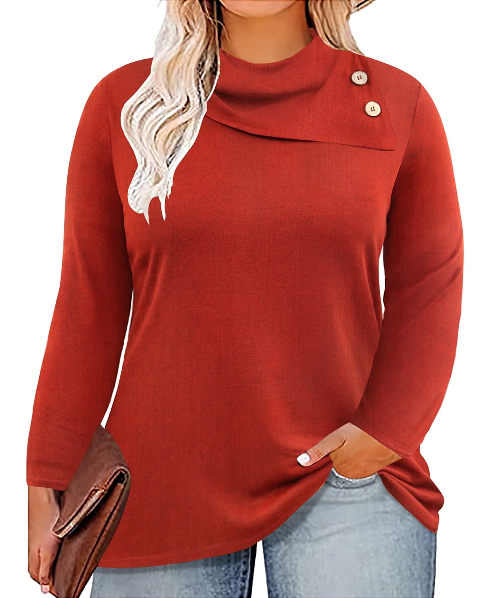TIYOMI Women's Plus Size Tops Long Sleeve 3X Red Crewneck Button Down Shirts Solid Color ...