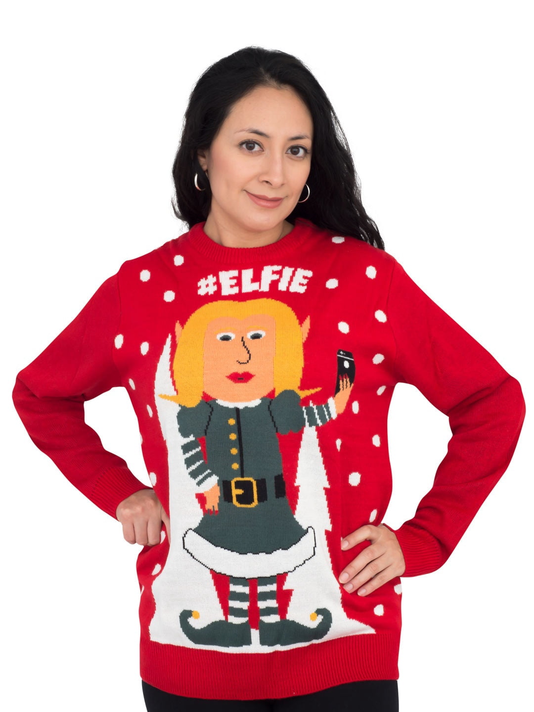 #Elfie Hashtag Elf Women's Full Body with Snowflakes Red Ugly Christmas ...