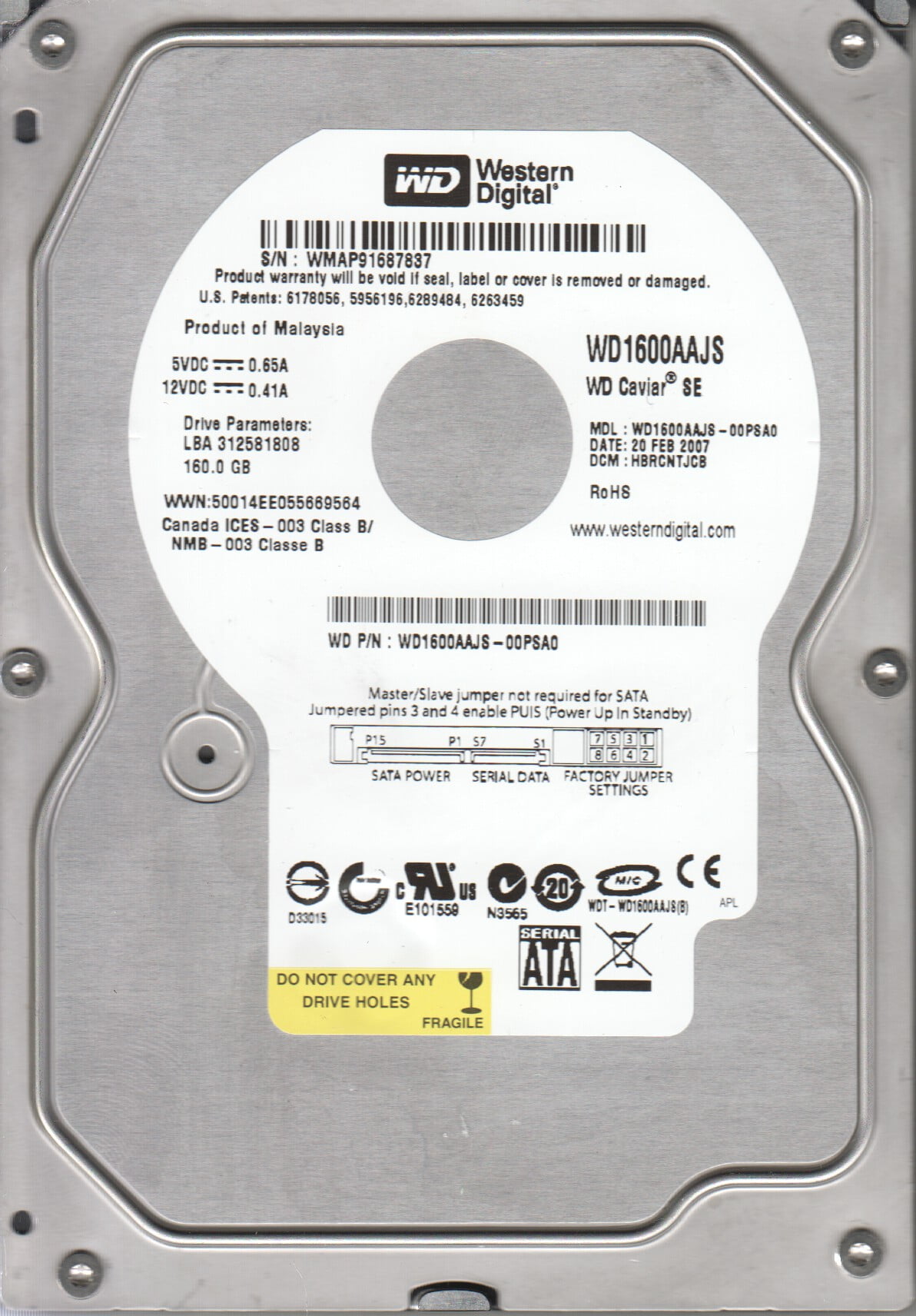 WD1600AAJS-00PSA0, DCM HBRCNTJCB, Western Digital 160GB SATA 3.5 Hard ...