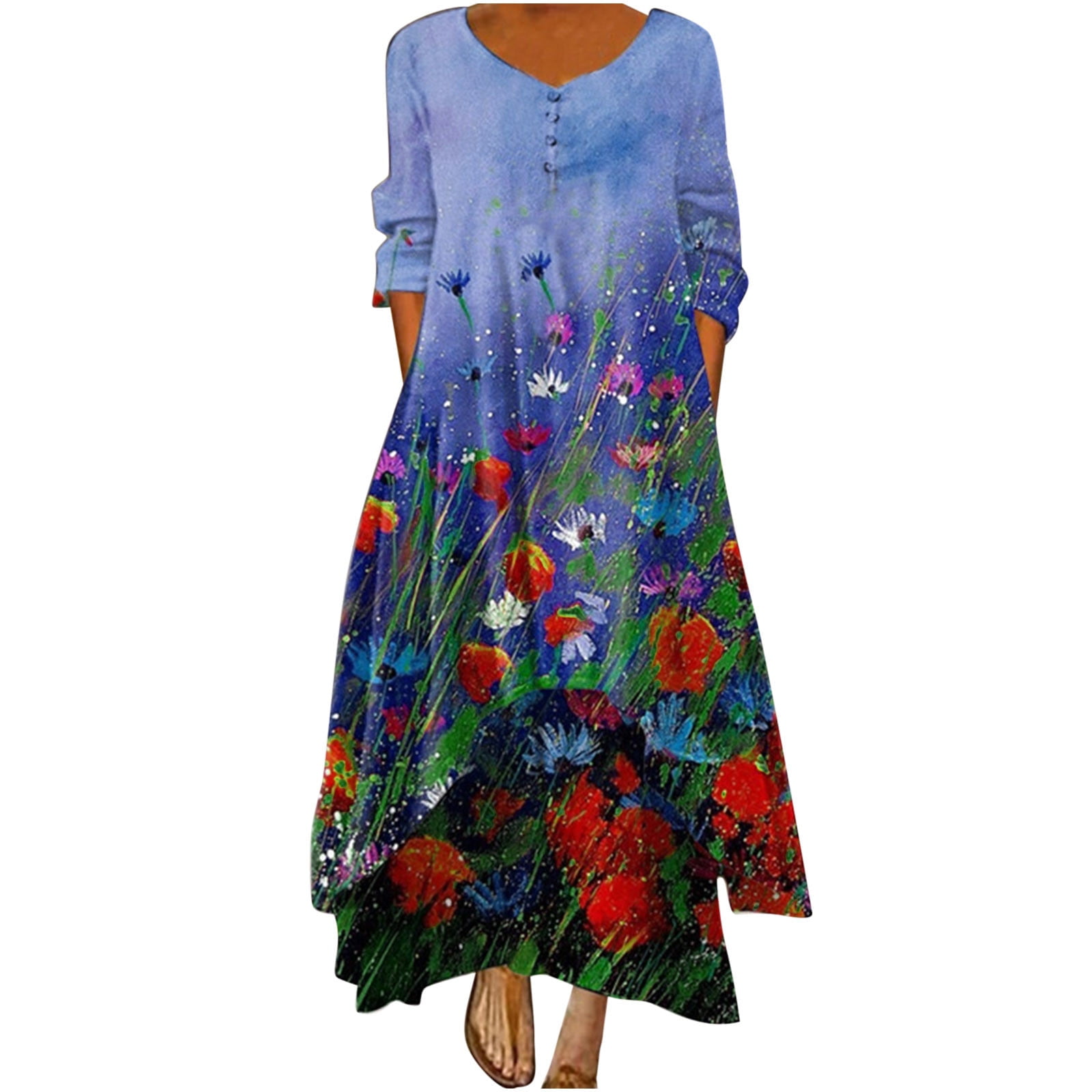 Maxi Dress For Women V Neck Floral Printed 3 4 Sleeve Long Dresses